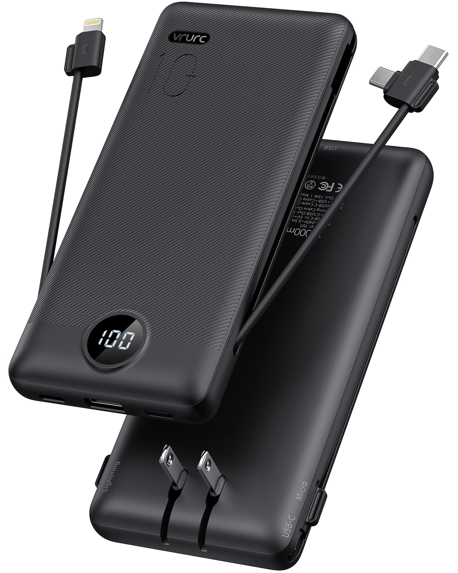 VRURC Portable Charger Built-in Cables and AC Wall Plug, USB C Power ...