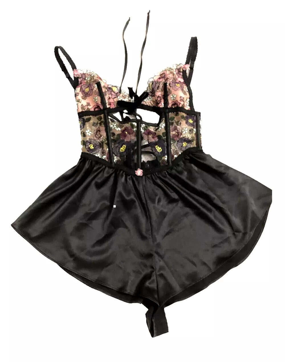 VS for Love & Lemons Black Floral Satin Lace Lingerie Babydoll Nighty ...