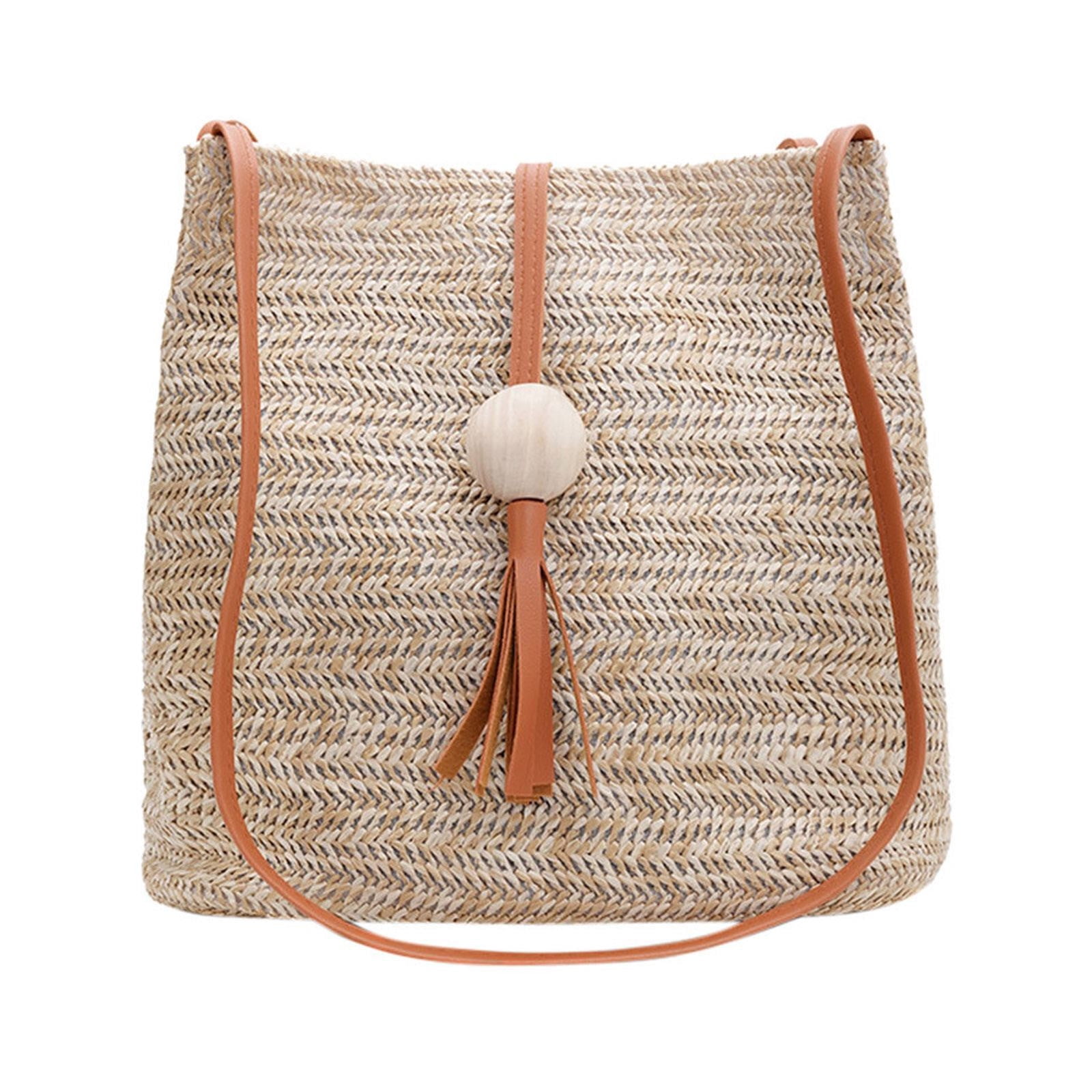 VSFAOV Fashion Ladies Summer Straw Tassel Wood Wild Shoulder Bag Beach ...