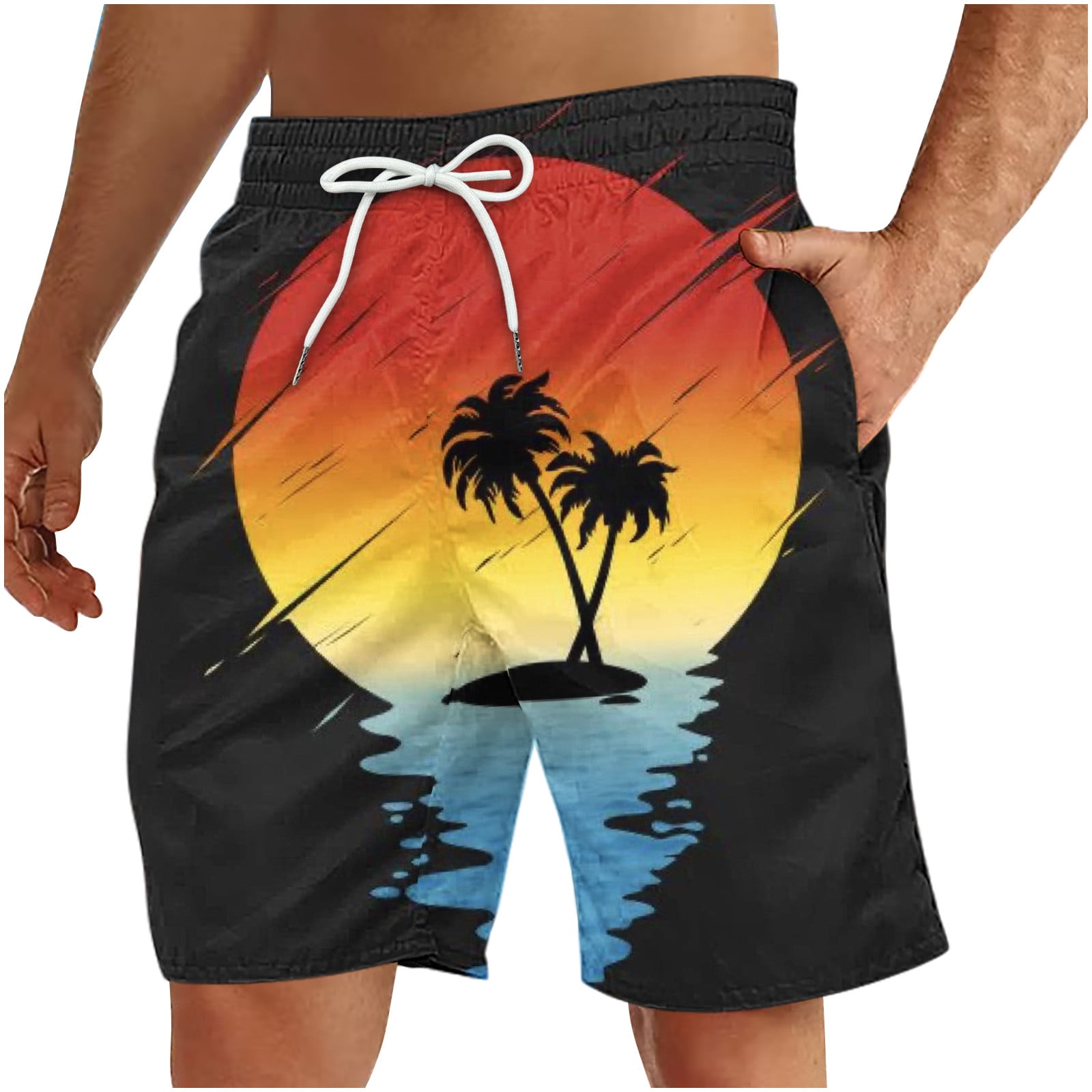 Vsssj Big And Tall Swim Trunks For Men Sunset Palm Tree Printed Cozy