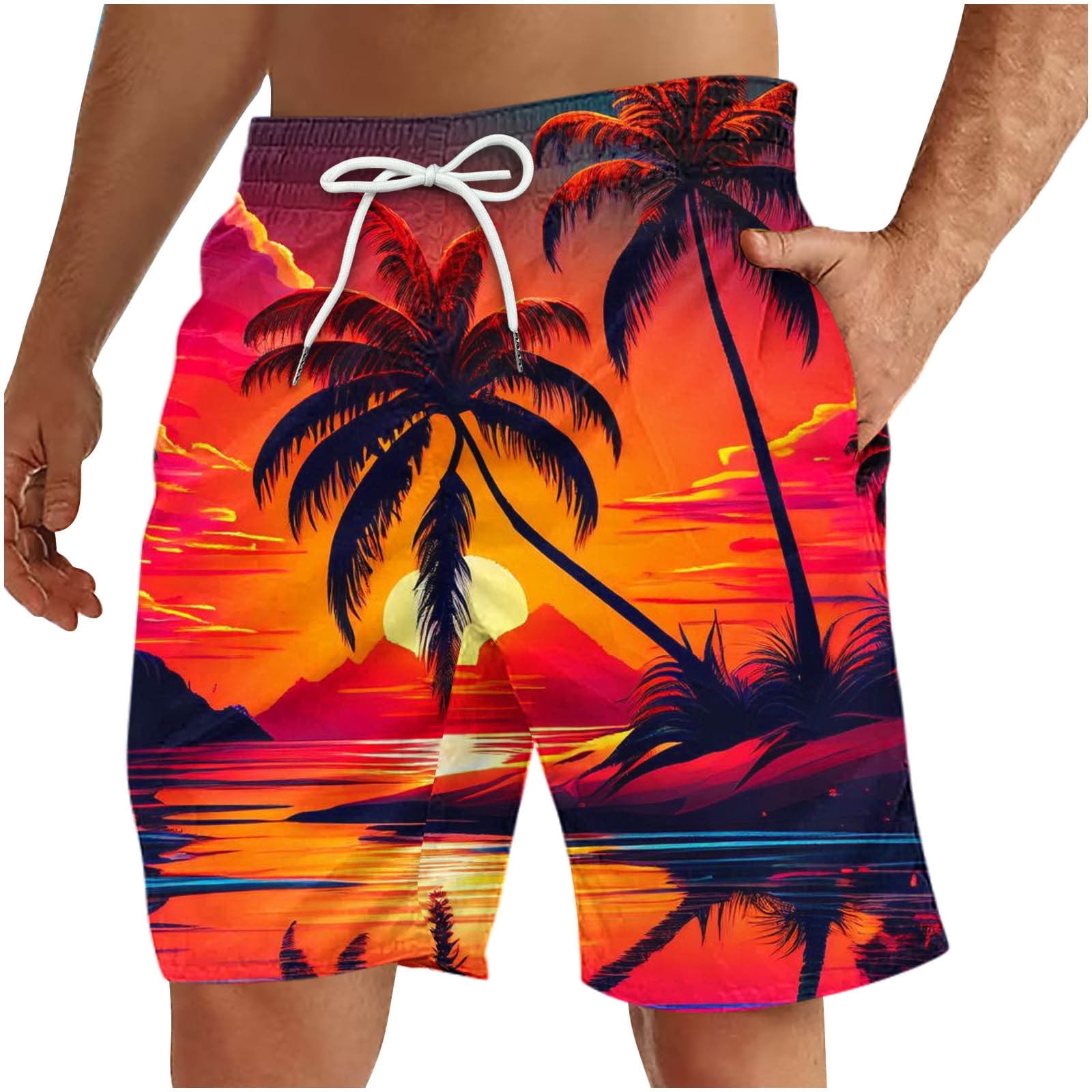 Vsssj Big And Tall Swim Trunks For Men Sunset Palm Tree Printed Cozy