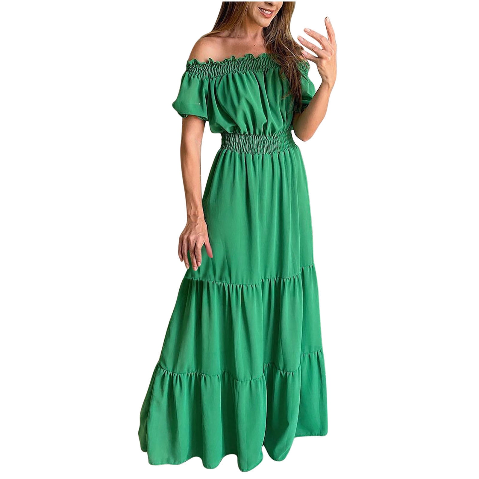 VSSSJ Dress for Women Summer Smocked Off Shoulder Tiered High Waist ...