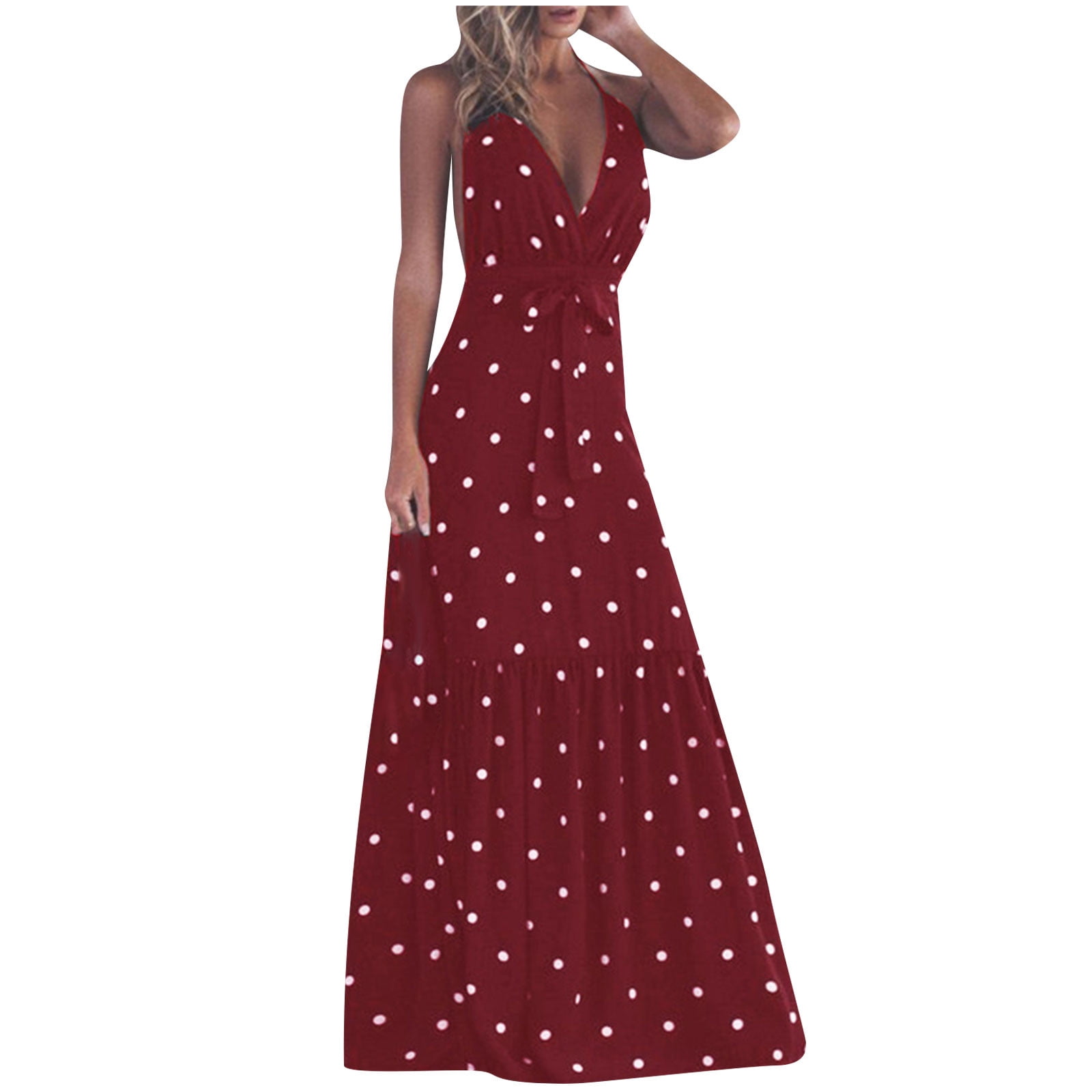 VSSSJ Maxi Dresses for Women Open Back Sexy Deep V Neck Polka Dot ...