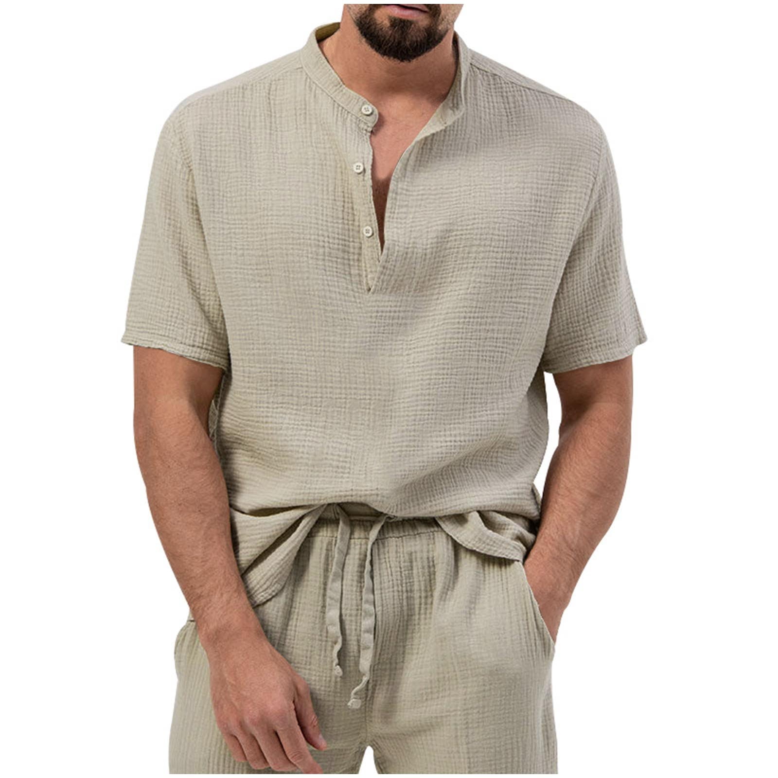 VSSSJ Men's Casual Henley Shirt Band Collar Short Sleeve Textured Button Up Shirt Loose Fit ...