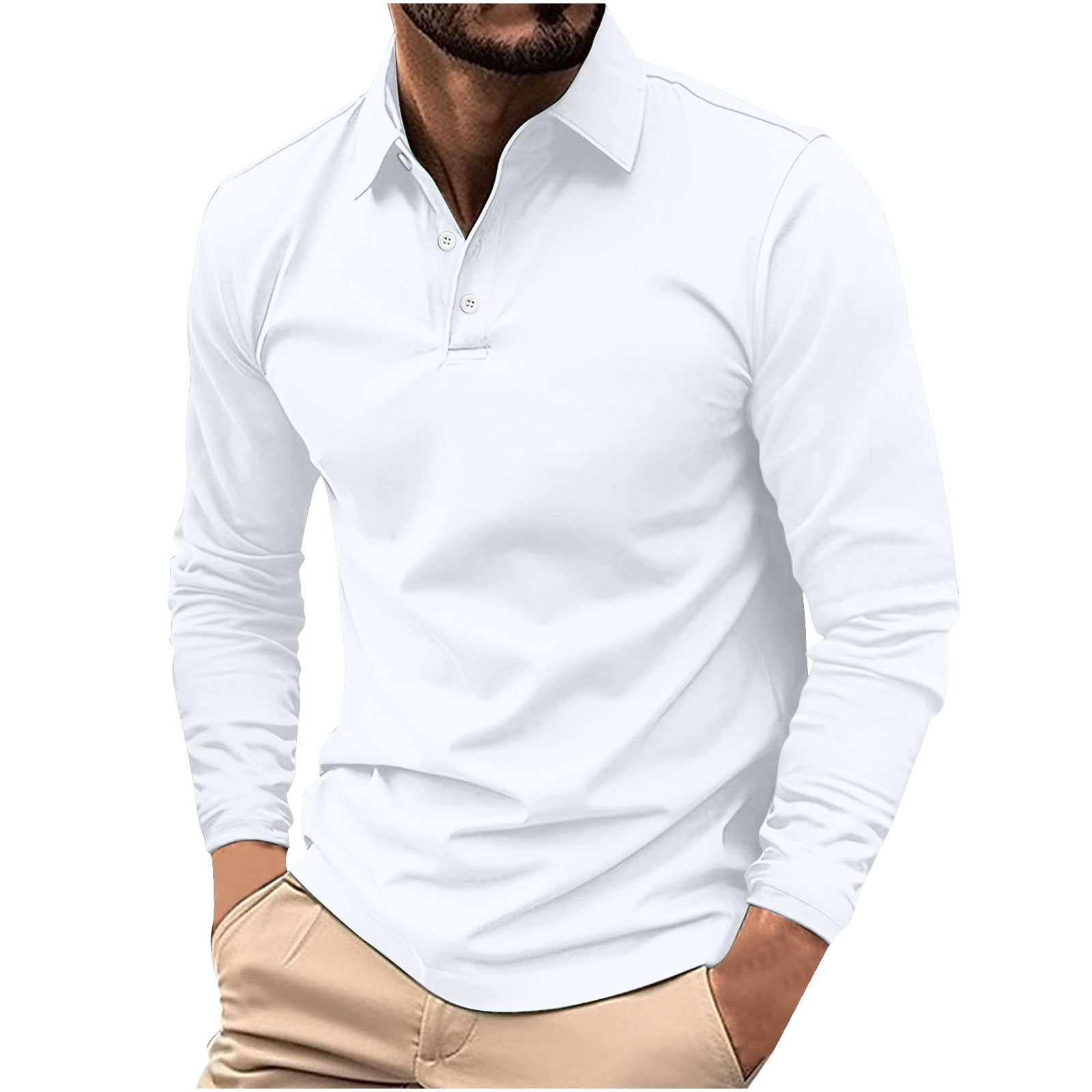 VSSSJ Men's Long-Sleeve Polo Shirts Button Up Solid Color Classic ...