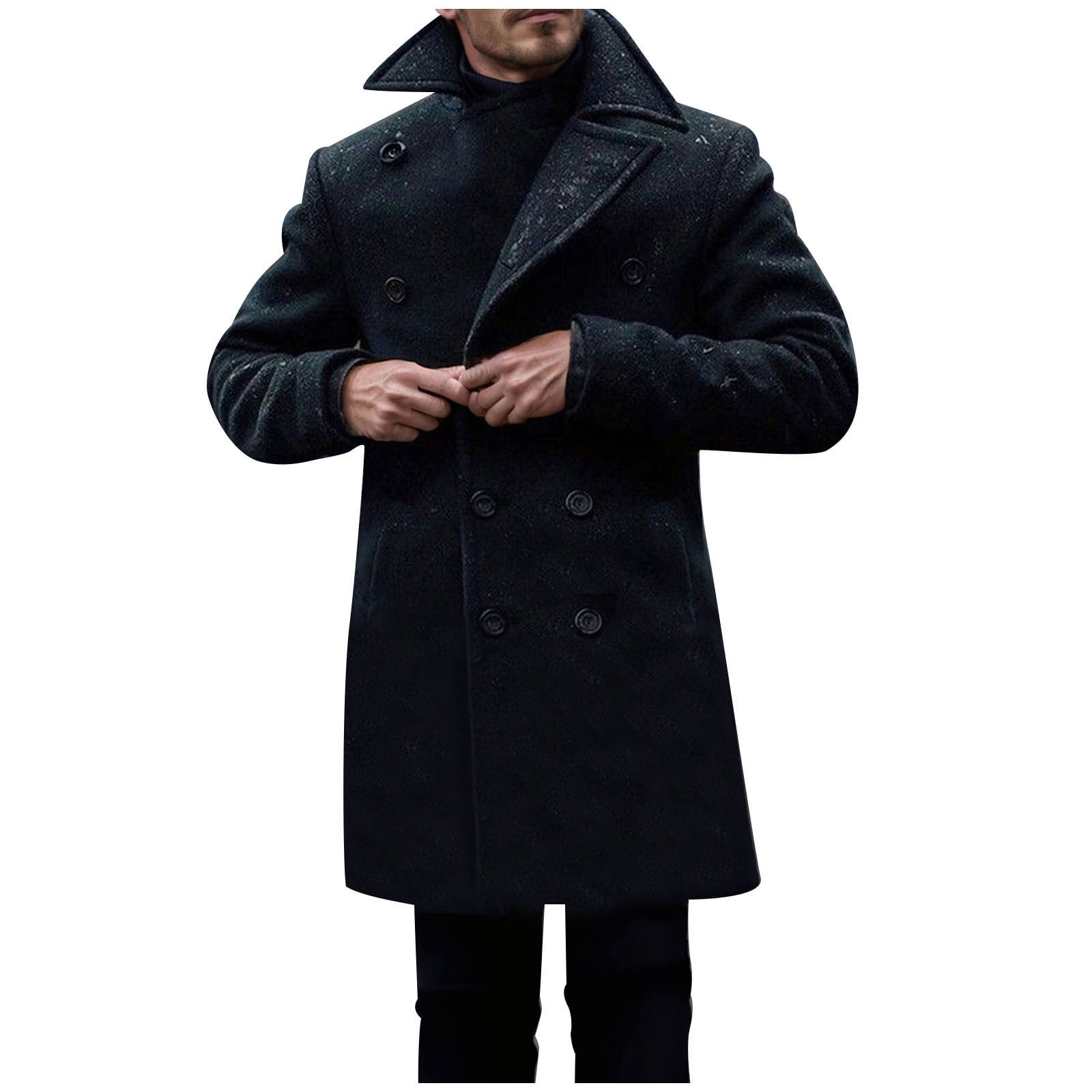 VSSSJ Men's Notched Collar Trench Coat Double Breasted Slim Fit Long Winter Pea Coats Warm ...