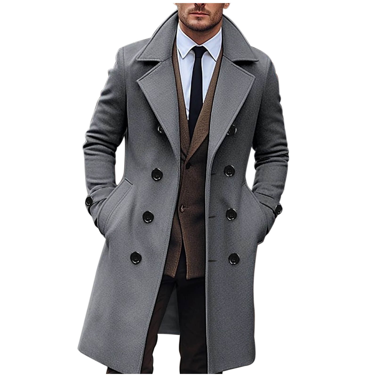 VSSSJ Men's Pea Coat Double Breasted Overcoat Notch Lapel Wool Blend ...