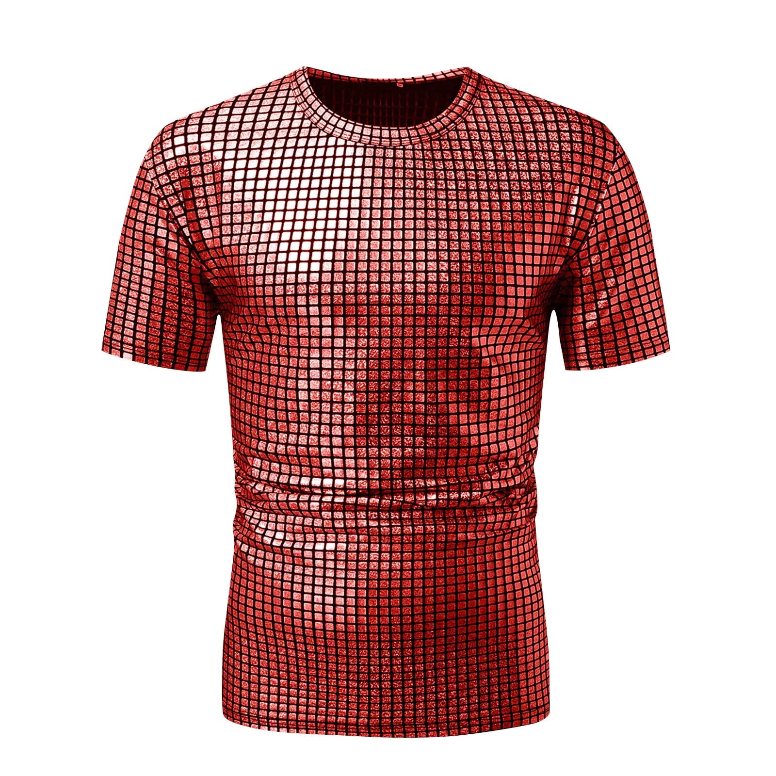 VSSSJ Men's Sequins Shirt Round Neck Short Sleeve Sparkle Shirts Shiny ...