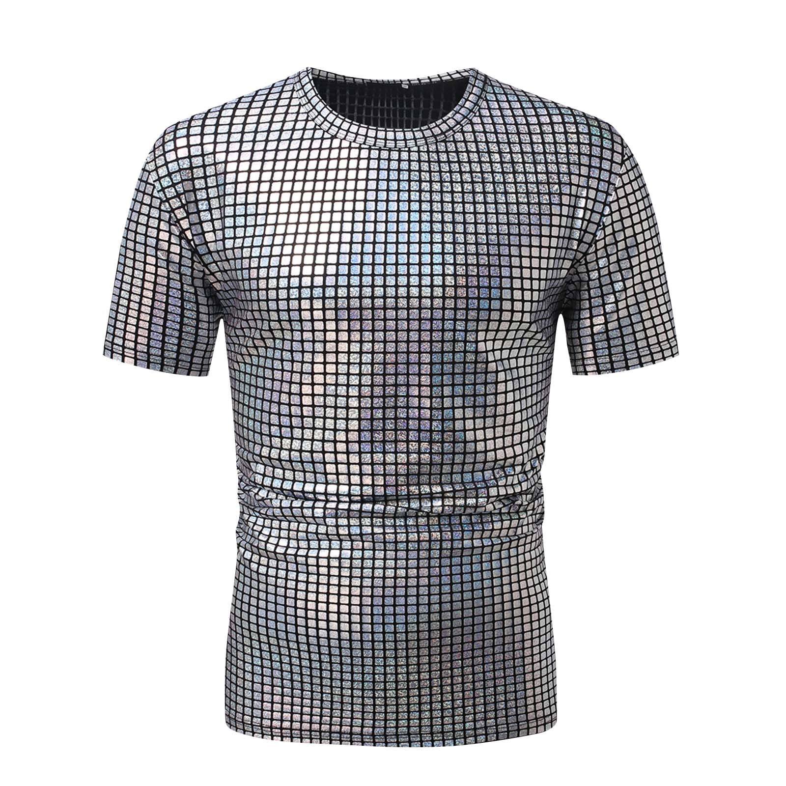 VSSSJ Men's Sequins Shirt Round Neck Short Sleeve Sparkle Shirts Shiny 70s Disco Nightclub Party ...