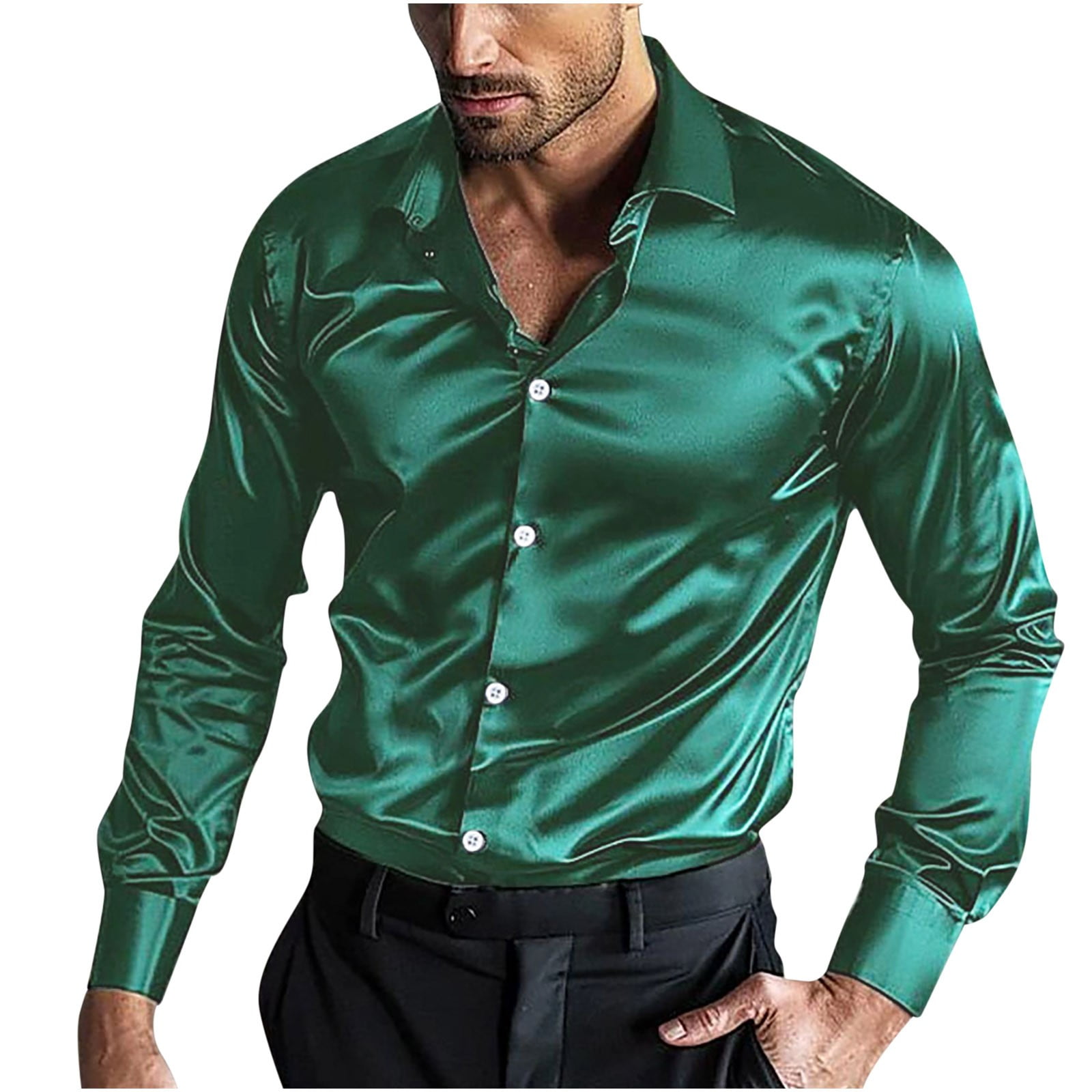 VSSSJ Men's Shiny Silk Like Satin Dress Shirt Long Sleeve Casual Slim ...