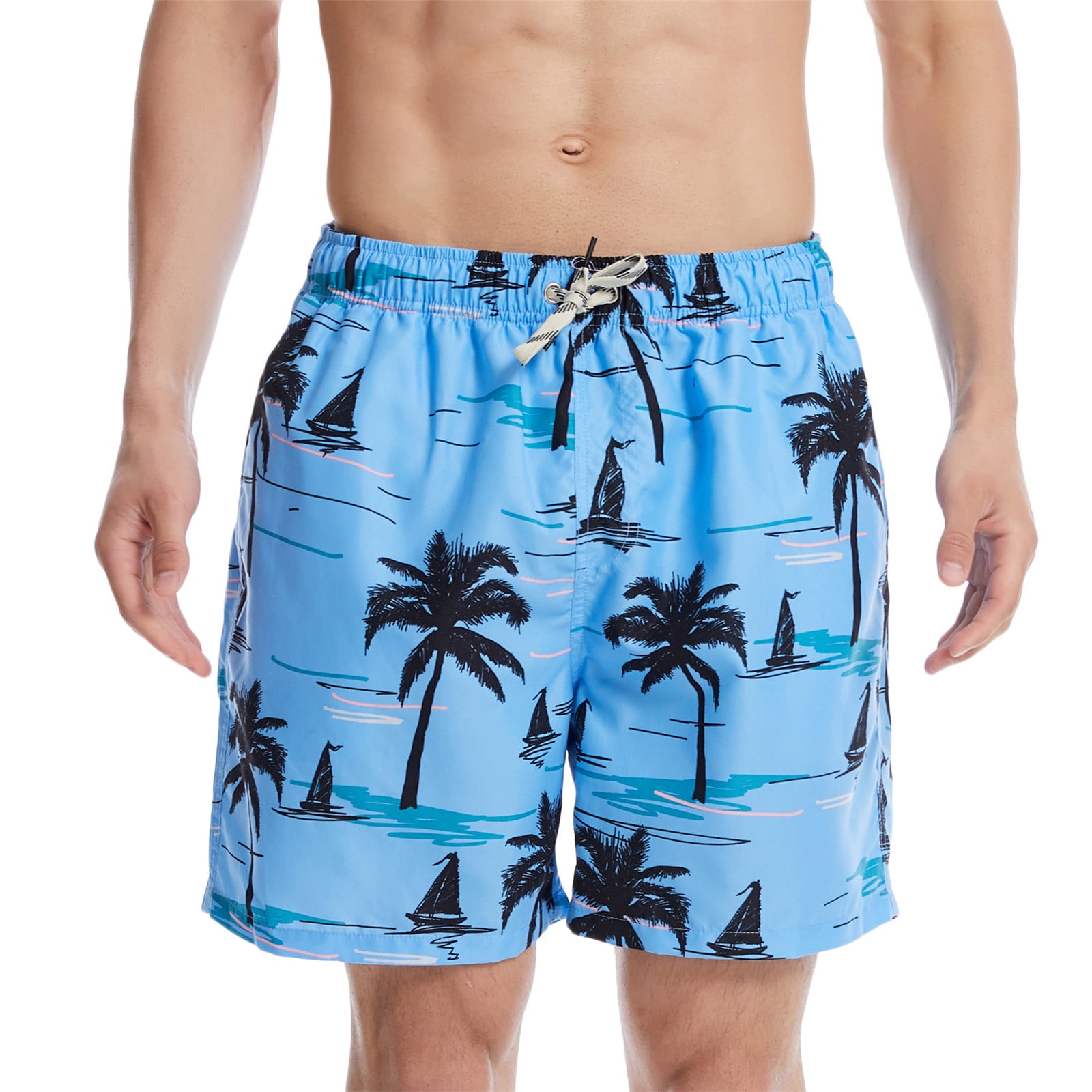 Vsssj Mens Swim Trunks Breathable Palm Tree Printed Beach Shorts Loose