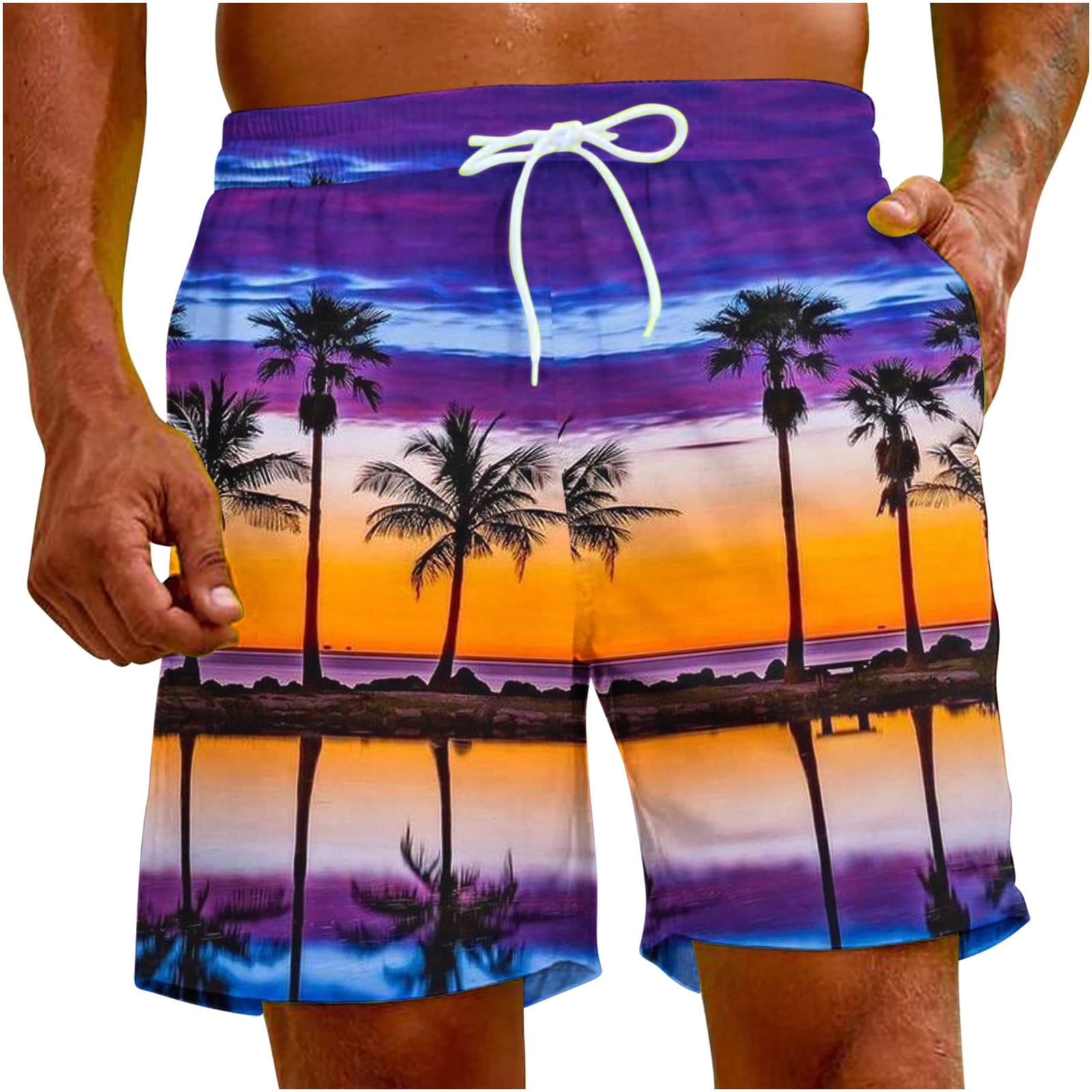Vsssj Mens Swim Trunks Surfing Vacation Hawaiian Palm Tree Printed