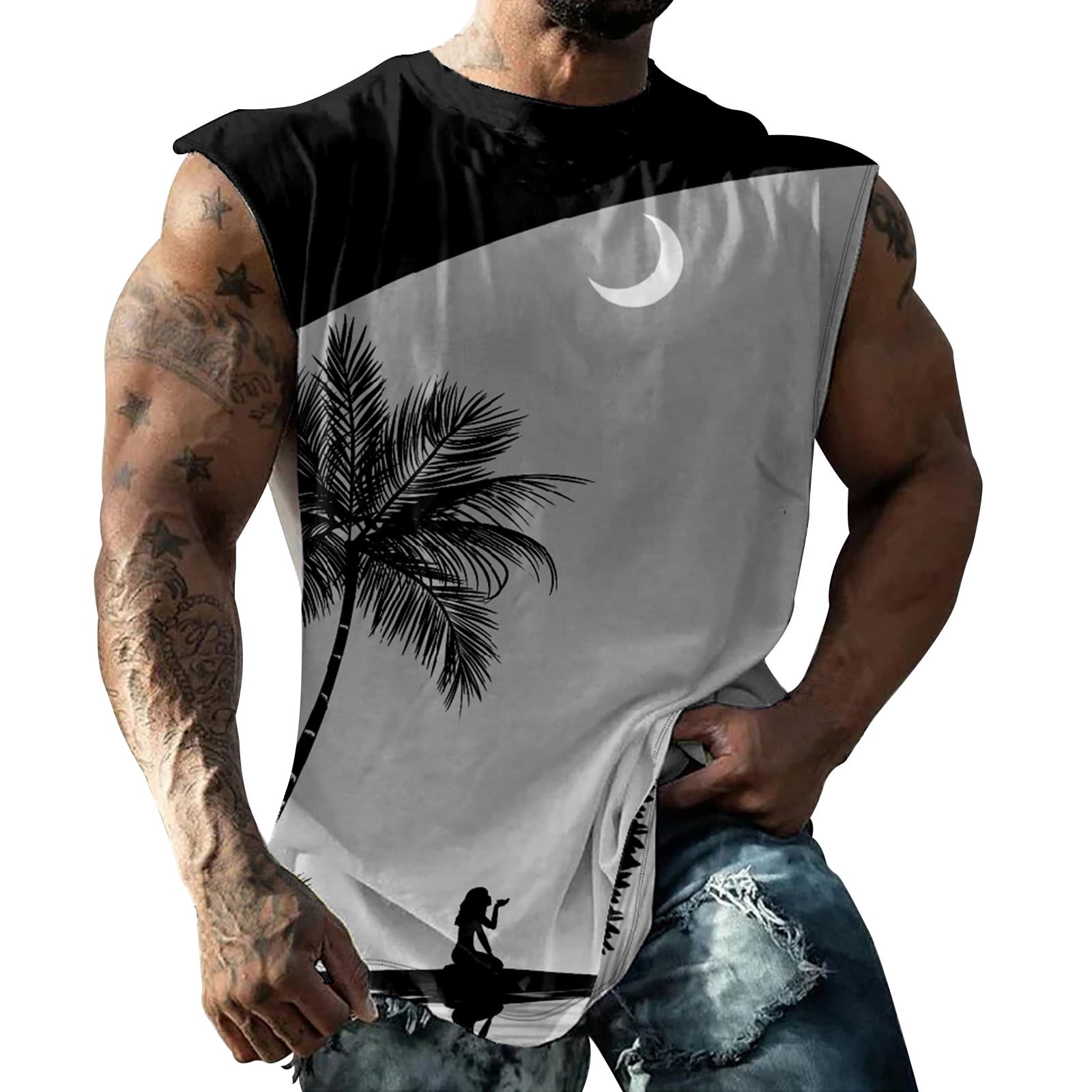 Vsssj Mens Beach Tank Tops Hawaiian Casual Comfy Palm Tree Printed
