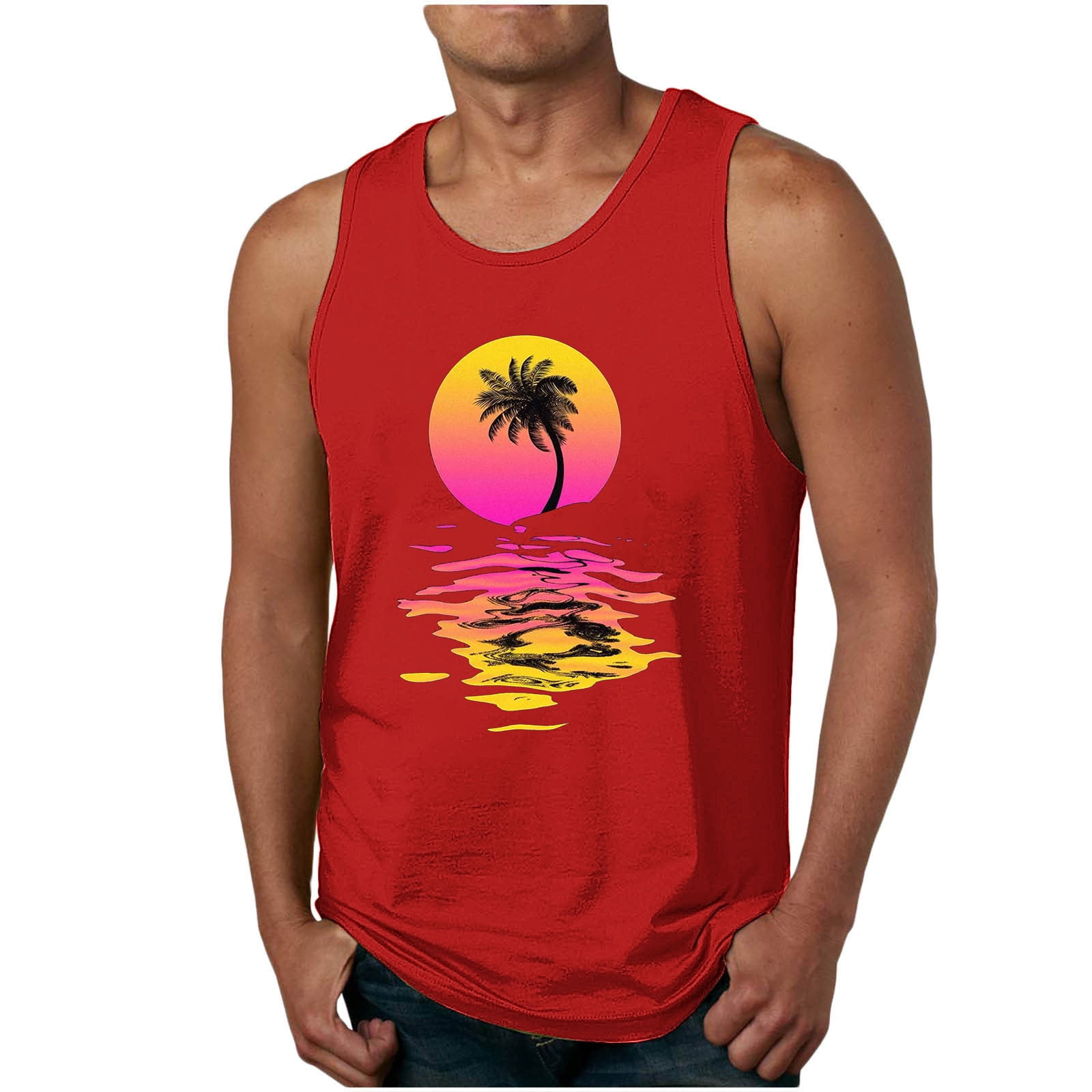 Vsssj Mens Casual Beach Tank Tops Relaxed Fit Sunset Palm Tree Printed