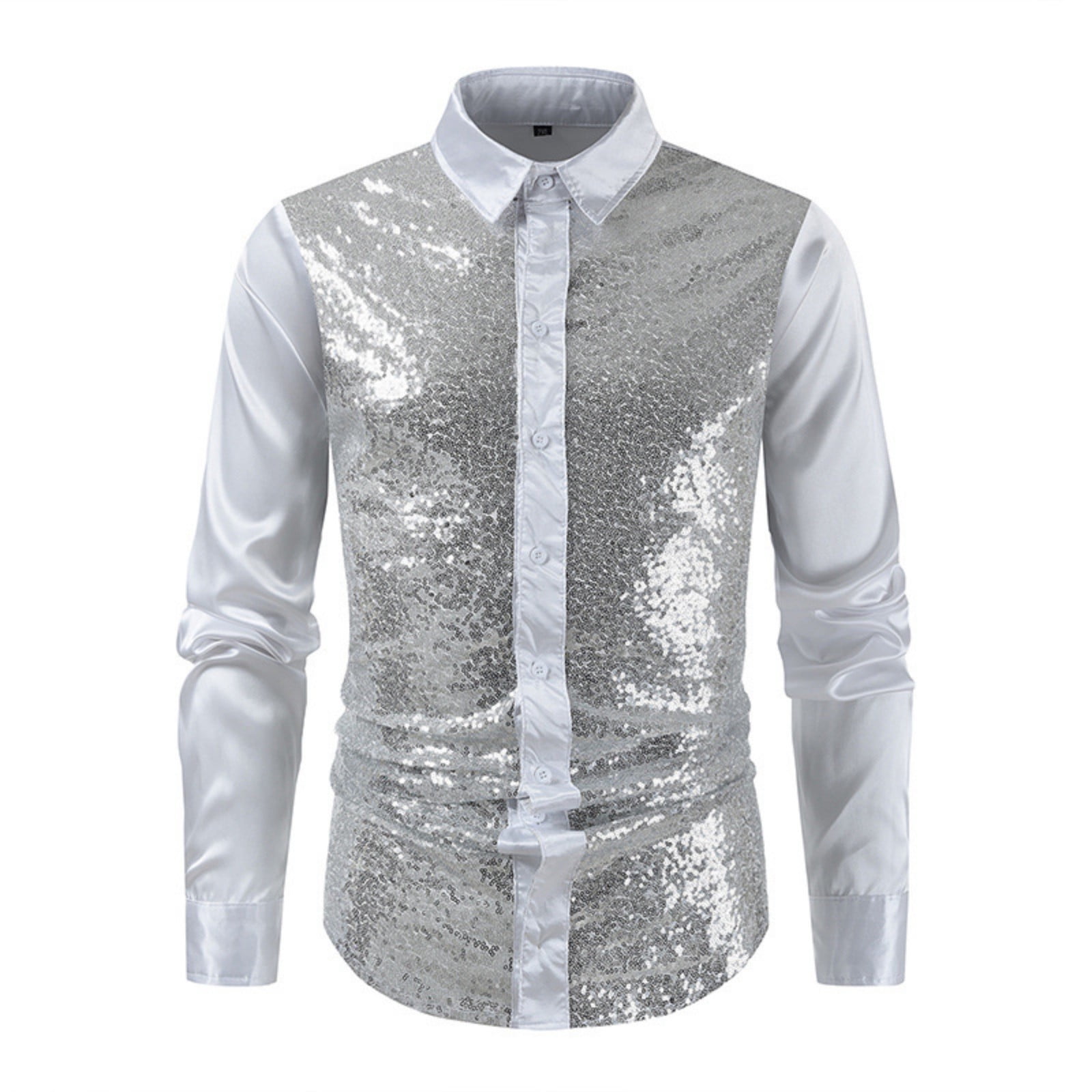 VSSSJ Mens Glitter Shirt Long Sleeve Slim Fit Button Down Shiny Disco ...