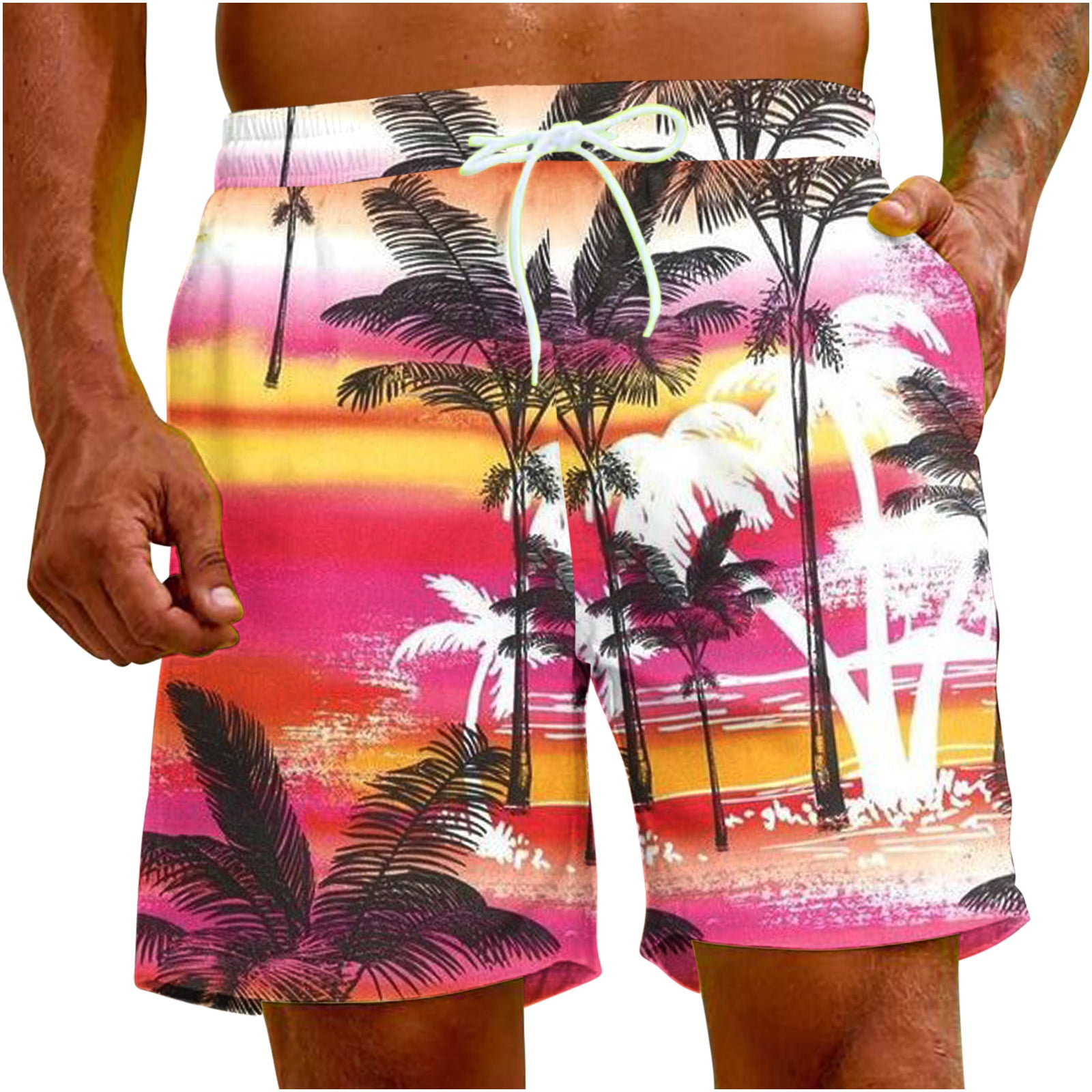 Vsssj Mens Hawaiian Swim Trunks Palm Tree Printed Elastic Waist