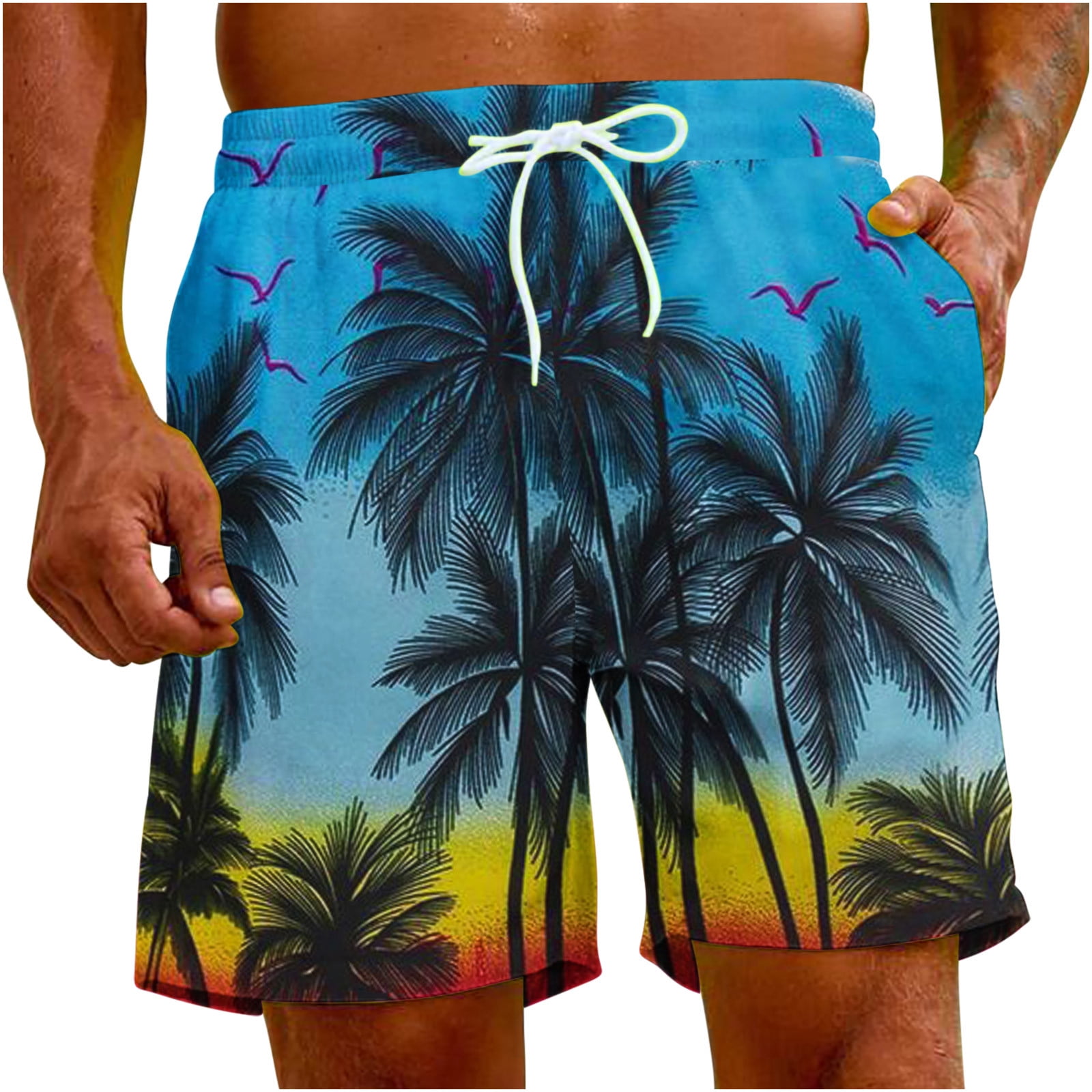 Vsssj Mens Quick Dry Beach Shorts Comfy Vacation Palm Tree Printed Swim