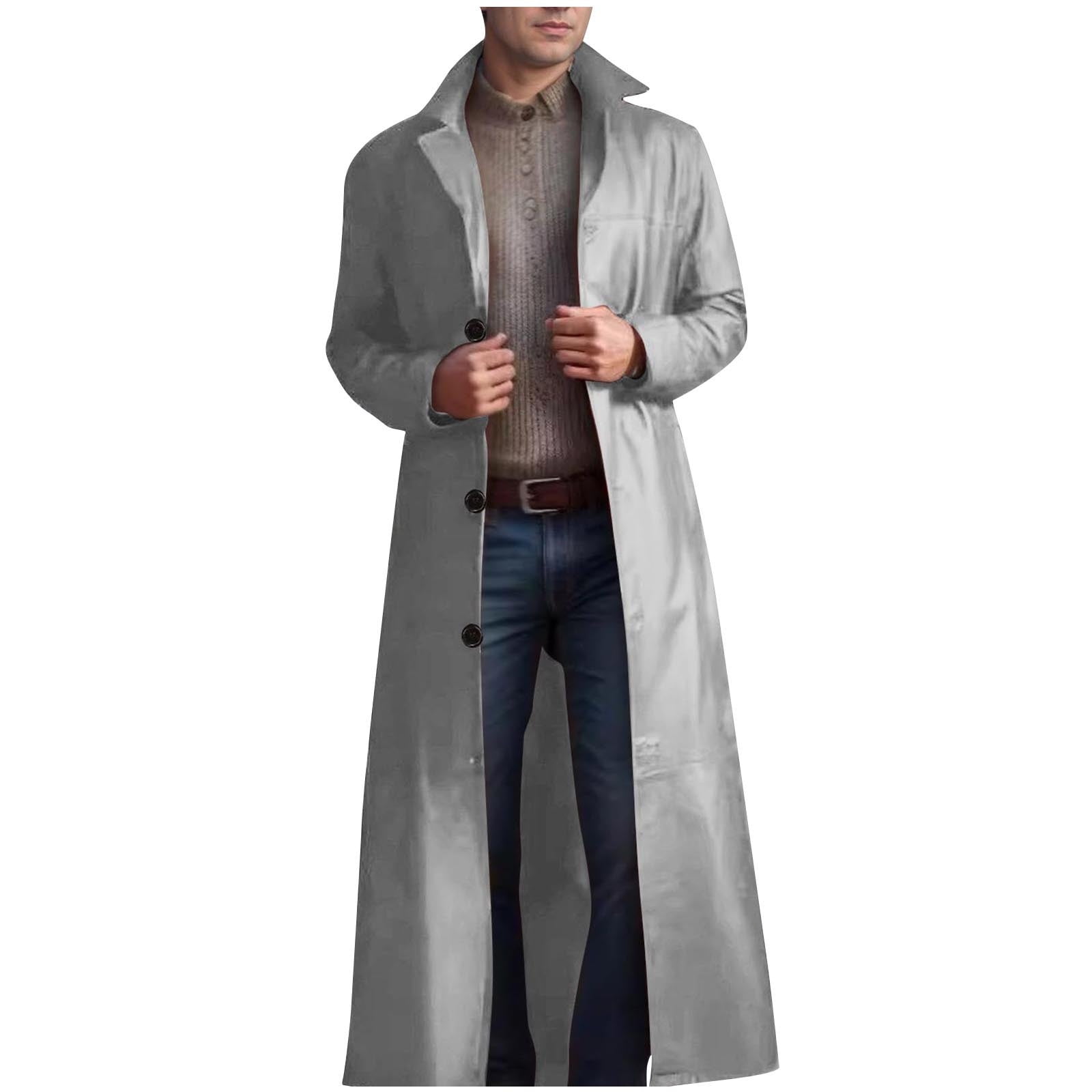 VSSSJ Mens Retro Faux Leather Trench Coat Vintage Single Breasted Long ...