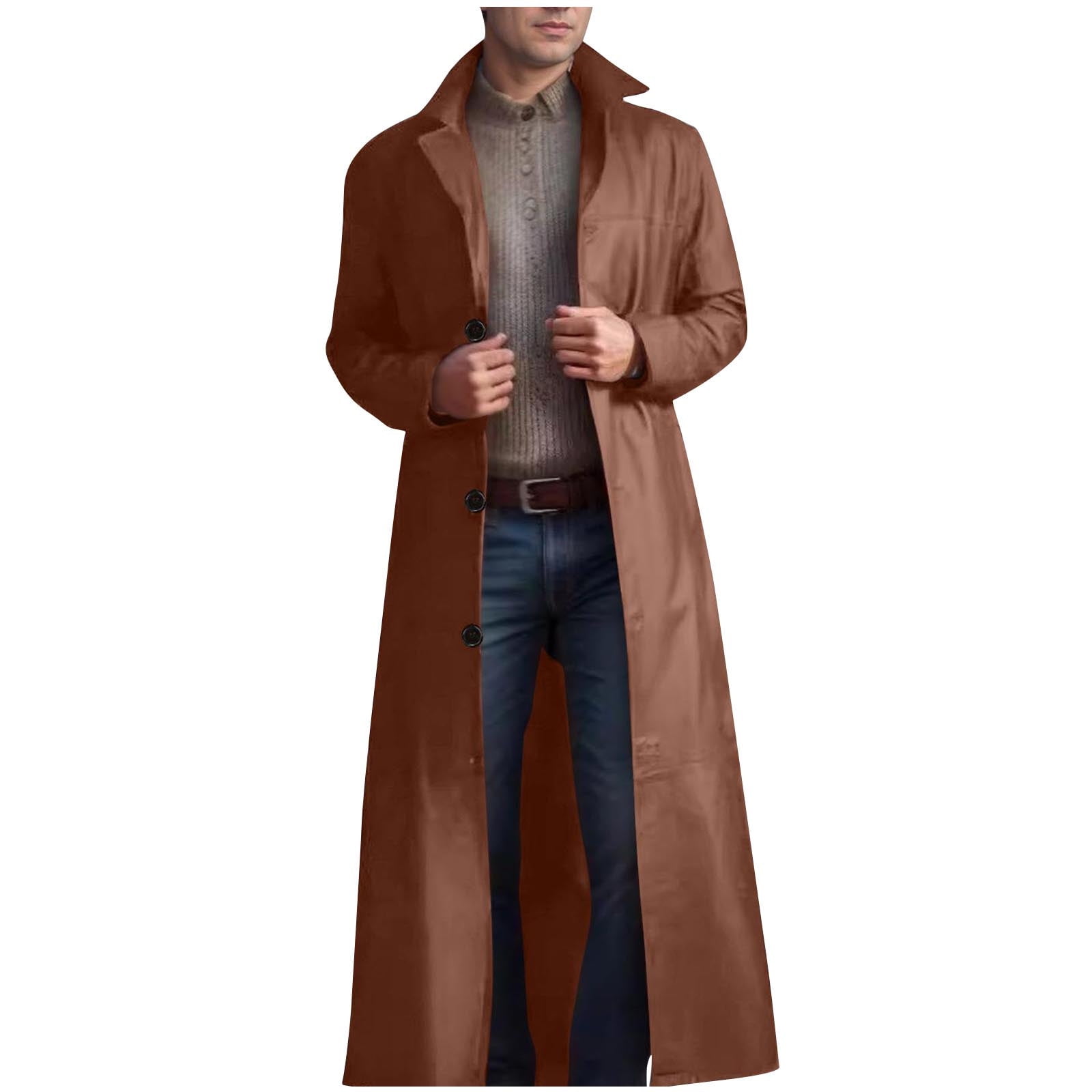 VSSSJ Mens Retro Faux Leather Trench Coat Vintage Single Breasted Long ...