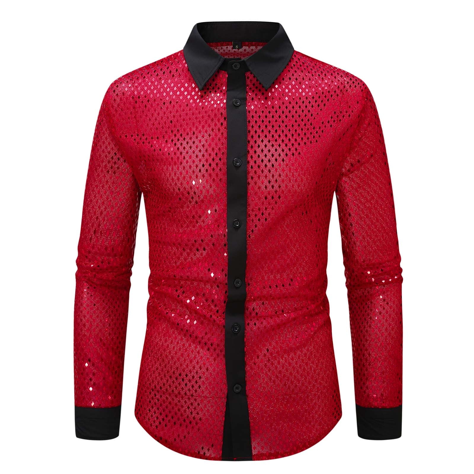 VSSSJ Mens Sequin Mesh Shirt Slim Fit Sparkling Long Sleeve Button Down ...