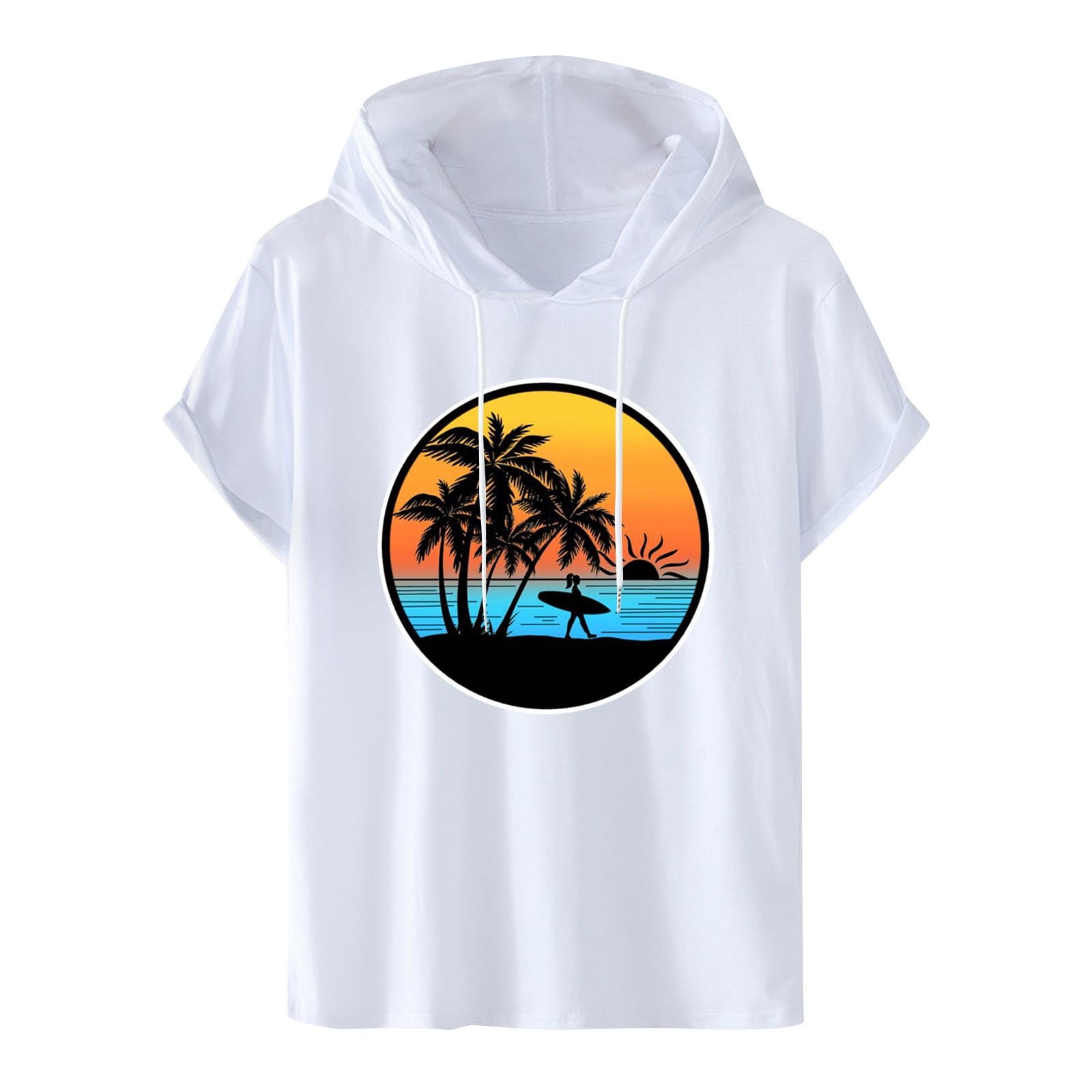 Vsssj Mens Short Sleeve T Shirts Hooded Loose Comfy Palm Tree Sunset