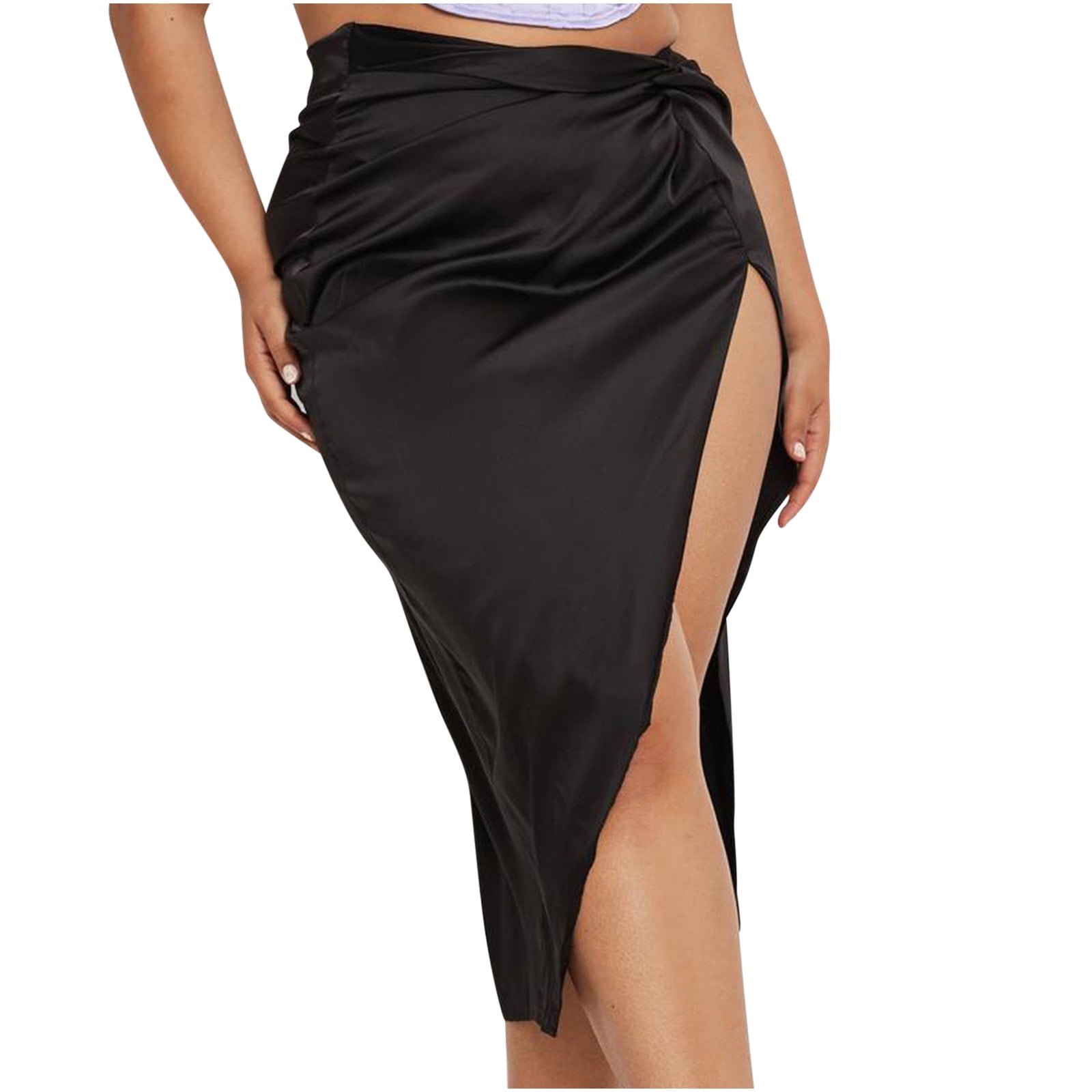 VSSSJ Silk Skirts for Women Twist Front High Waist Sexy Side Split ...