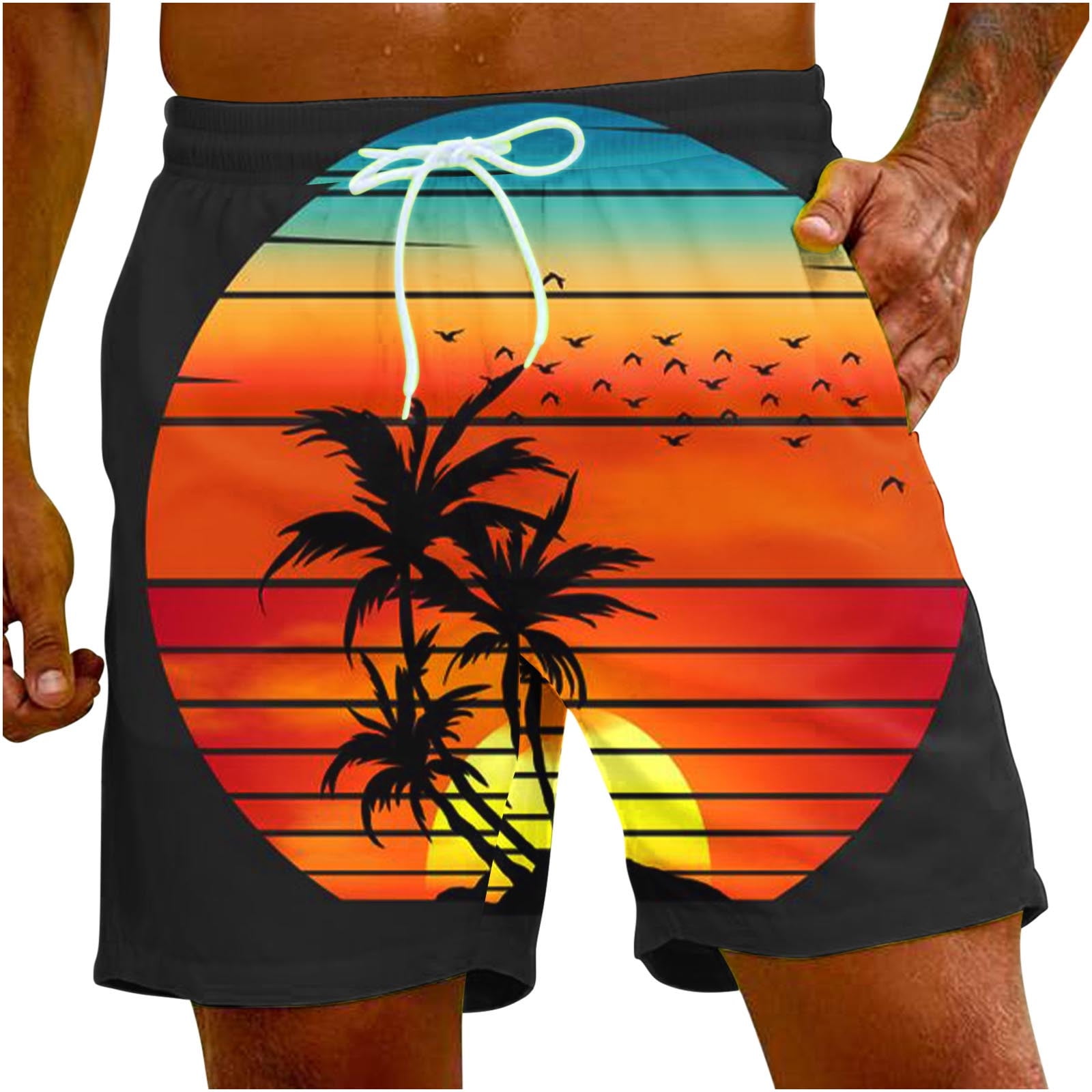 Vsssj Swim Trunks For Men Hawaiian Palm Tree Sunset Printed Casual