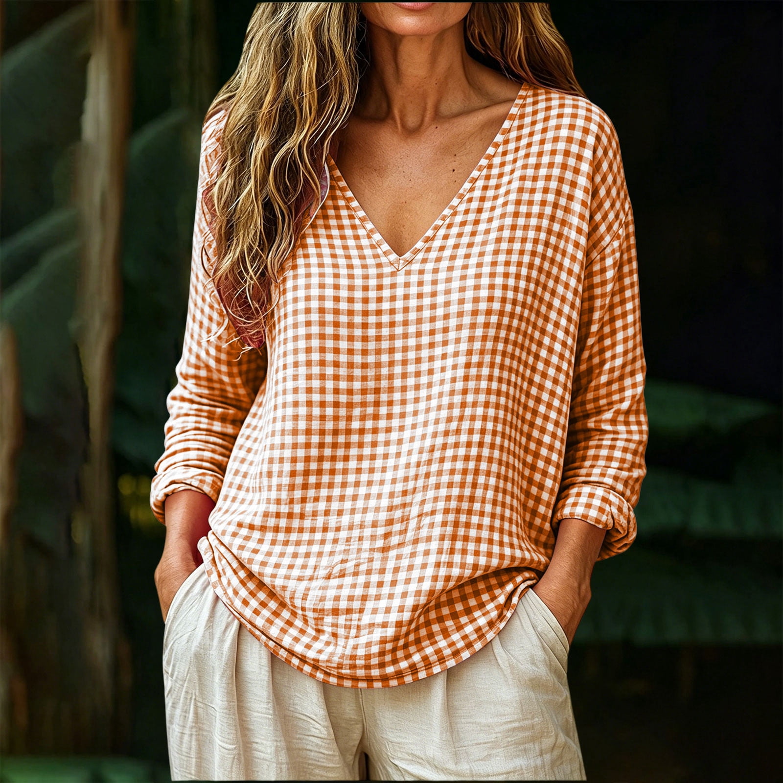 VSSSJ Tops for Women Loose Fit Long Sleeve Plaid Shirts V Neck Casual ...
