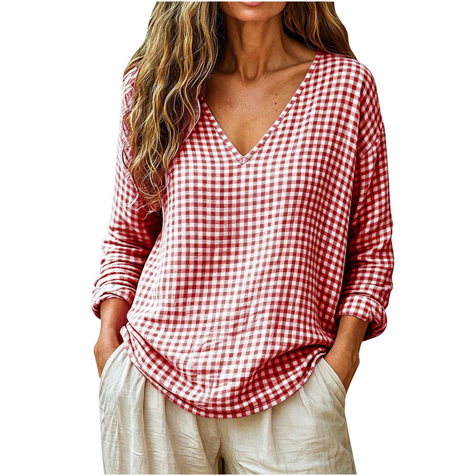 VSSSJ Tops for Women Loose Fit Long Sleeve Plaid Shirts V Neck Casual ...