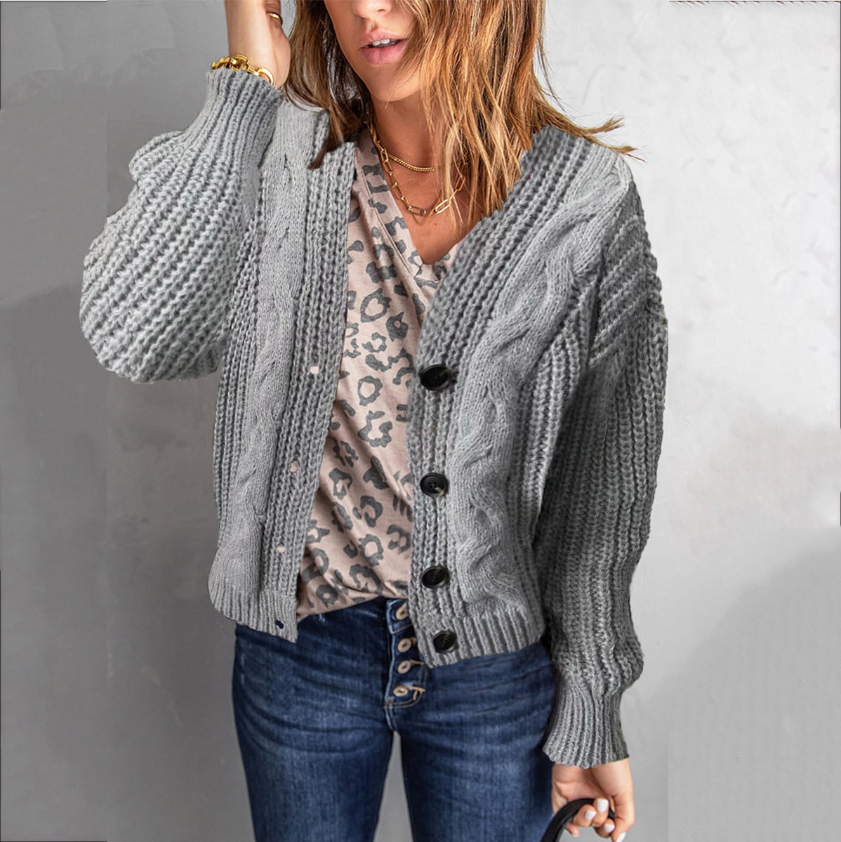 VSSSJ Women Button Down Long Sleeve Cardigan Sweater Open Front Casual ...