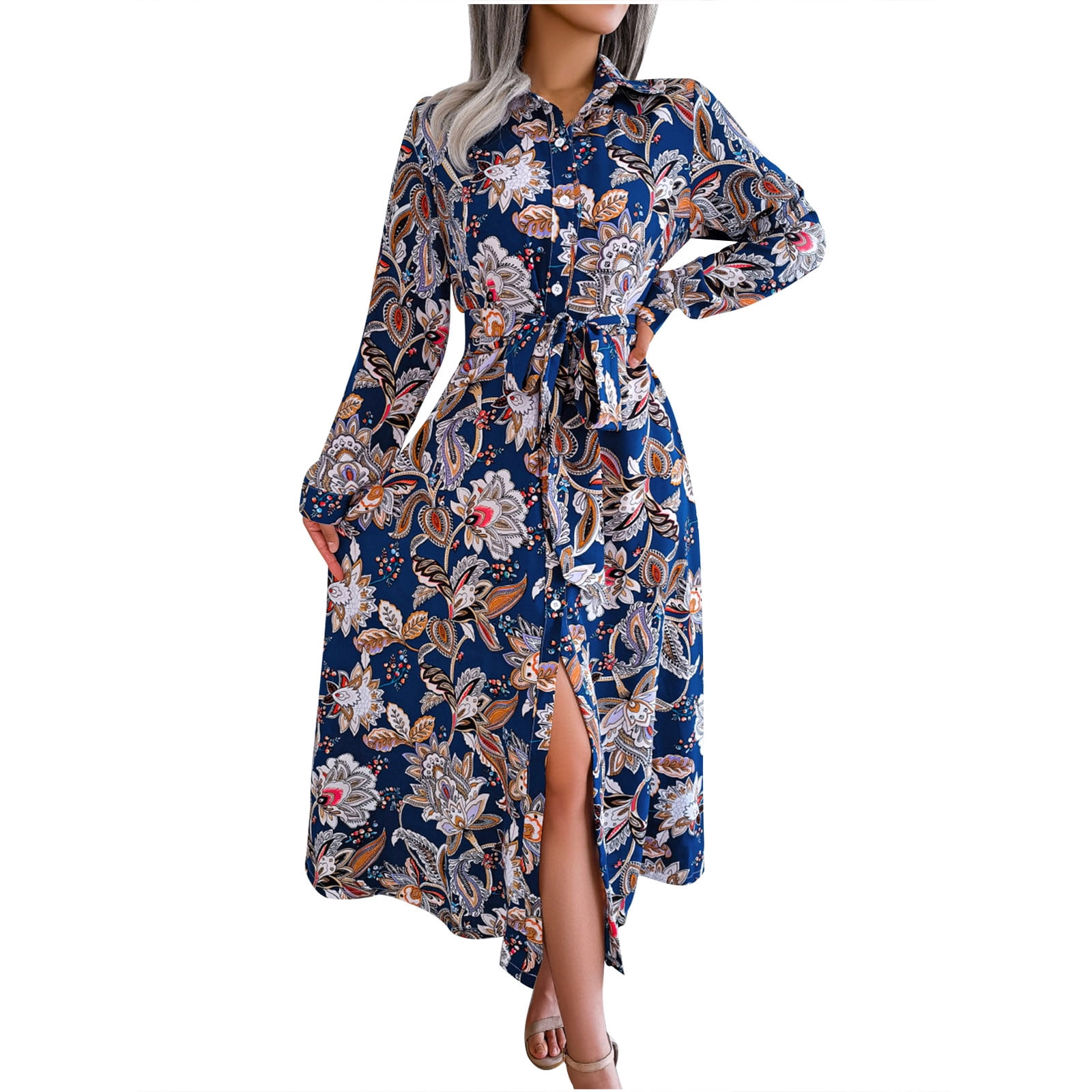 Vsssj Women Floral Printed Long Sleeve Turndown Collar Shirt Dresses
