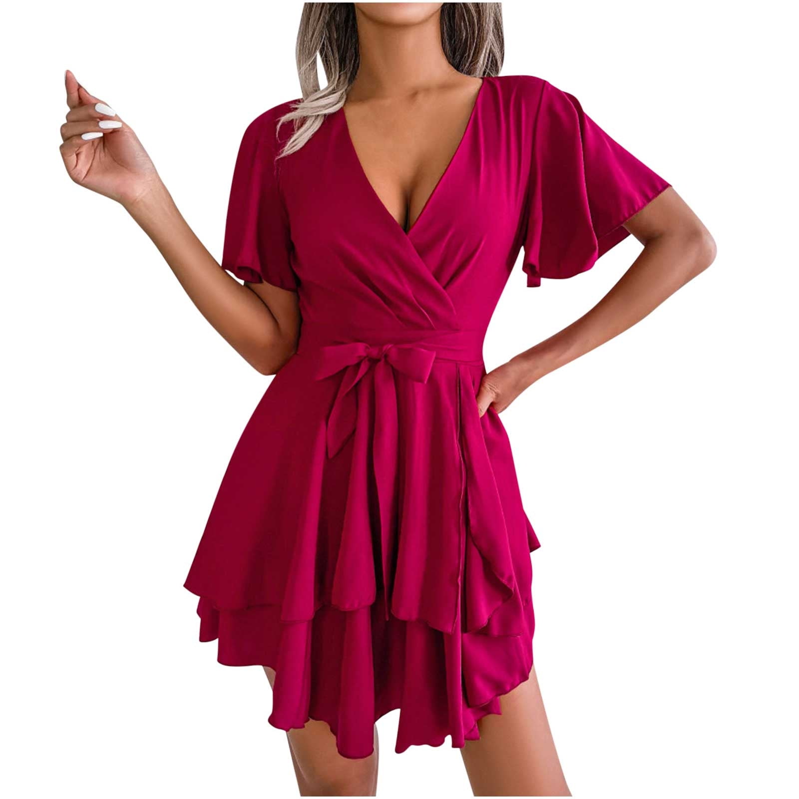 Vsssj Women Flutter Short Sleeve Sexy V Neck Tie Waist Mini Wrap Dresses Solid Color Slim