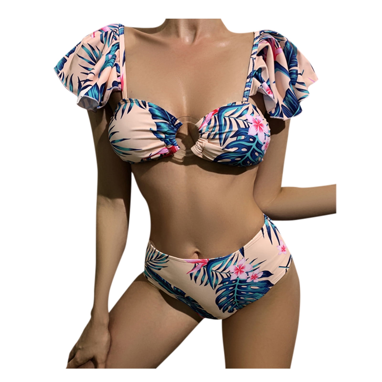 Vsssj Women High Waisted Floral Printed Swimsuit Ring Front Square Neck