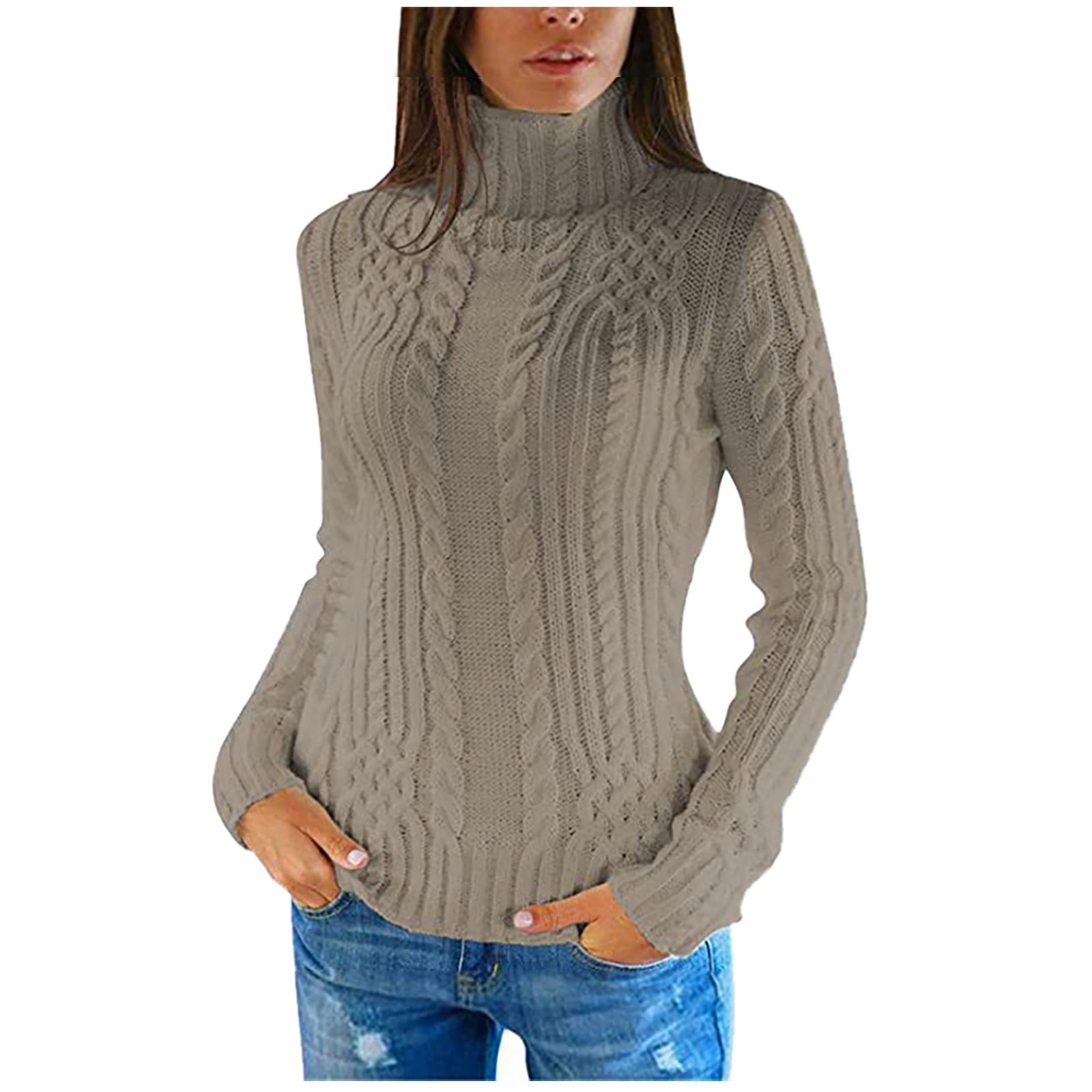 VSSSJ Women Long Sleeve Cable Knit Pullover Sweaters Turtleneck Solid ...