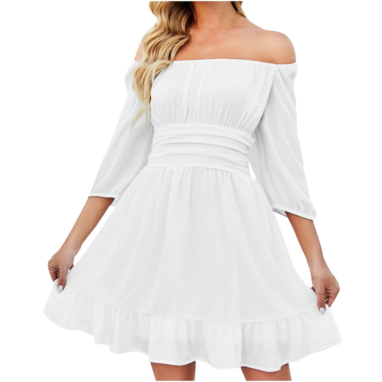 VSSSJ Women Square Neck Ruched High Waist Slim Ruffle Hem Babydoll ...