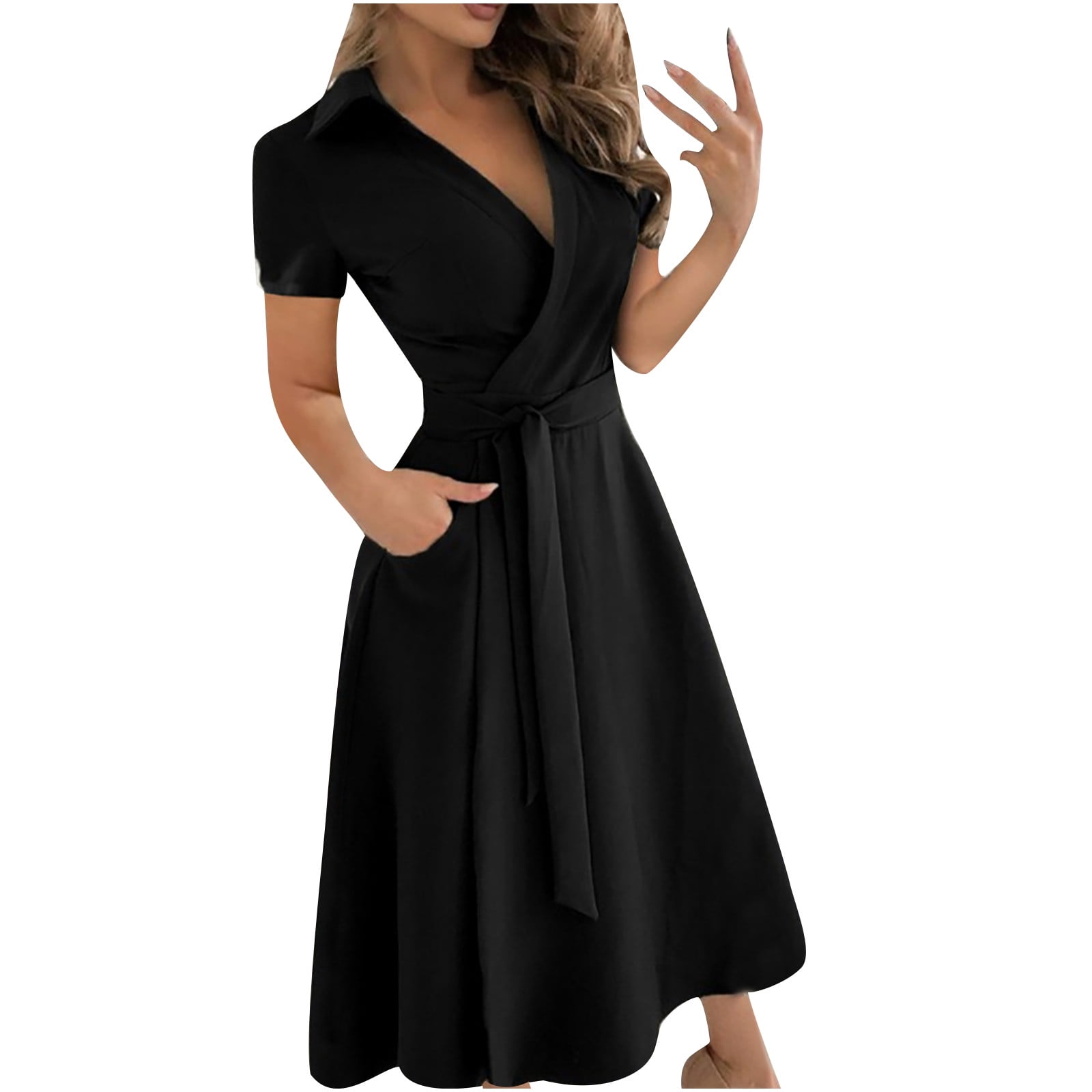 VSSSJ Women's Casual Loose Short Sleeve Solid Color V-Neck Wrap Midi ...