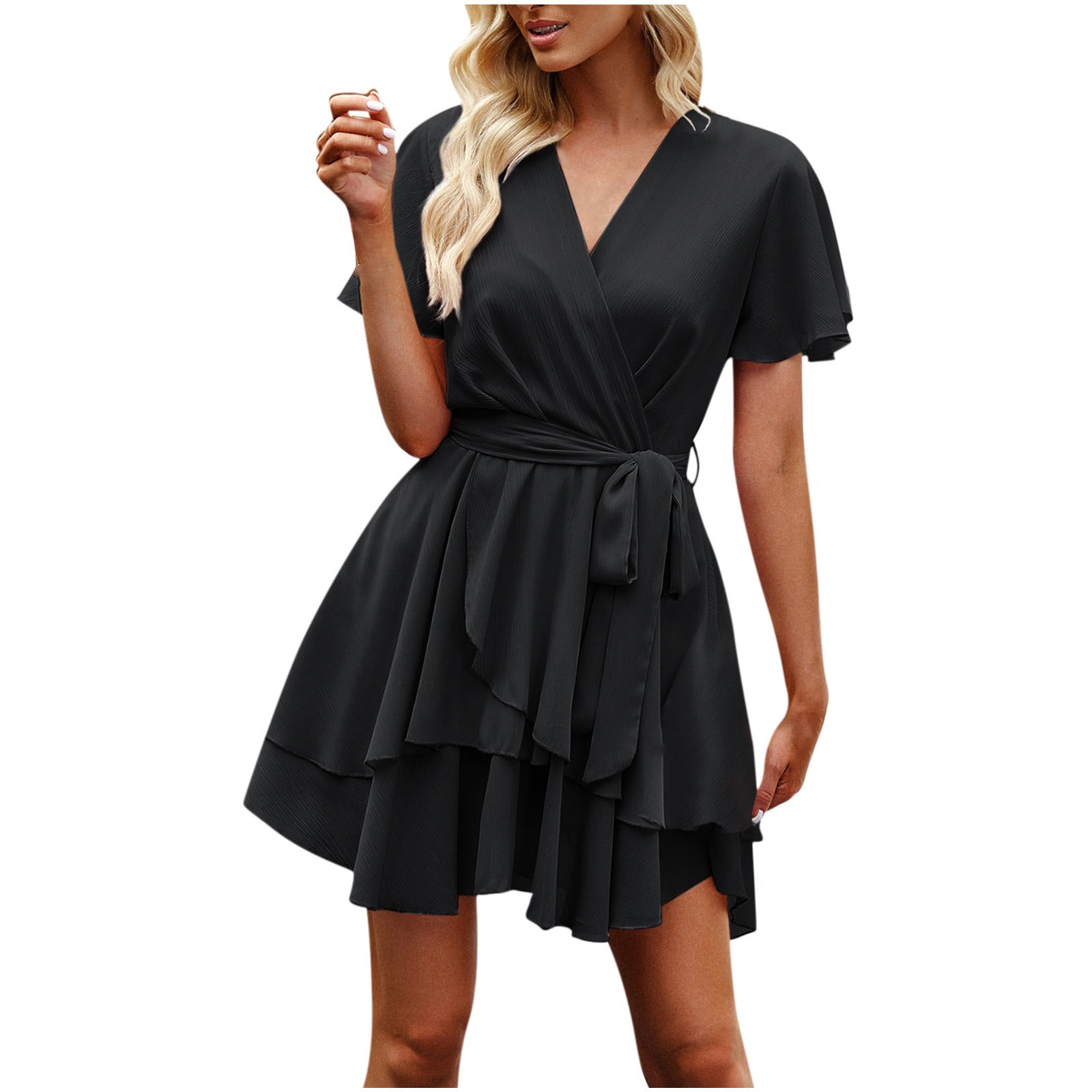 Vsssj Womens Casual Mini Ruffle Dresses Wrap V Neck Flowy Short Sleeve