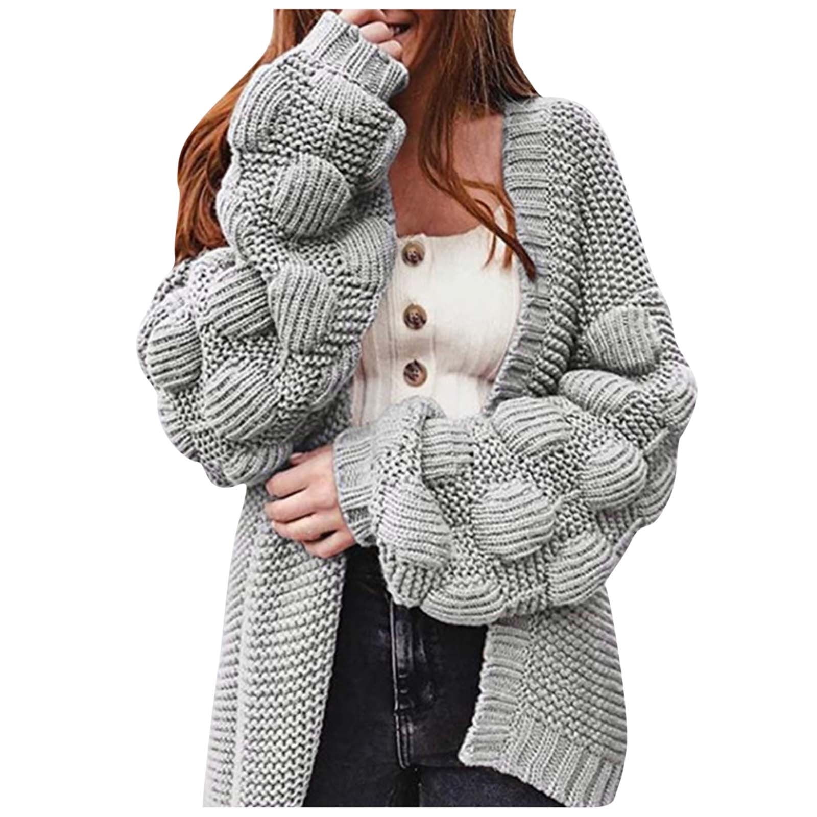 VSSSJ Women's Long Lantern Sleeve Chunky Knit Cardigan Sweaters Open ...