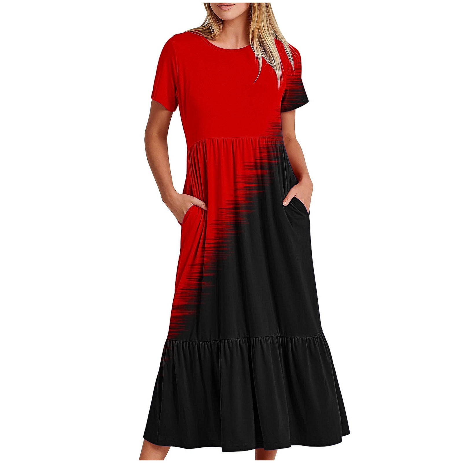 VSSSJ Women's Midi Dresses Ruffle Hem Swing Round Neck Fashion Color ...