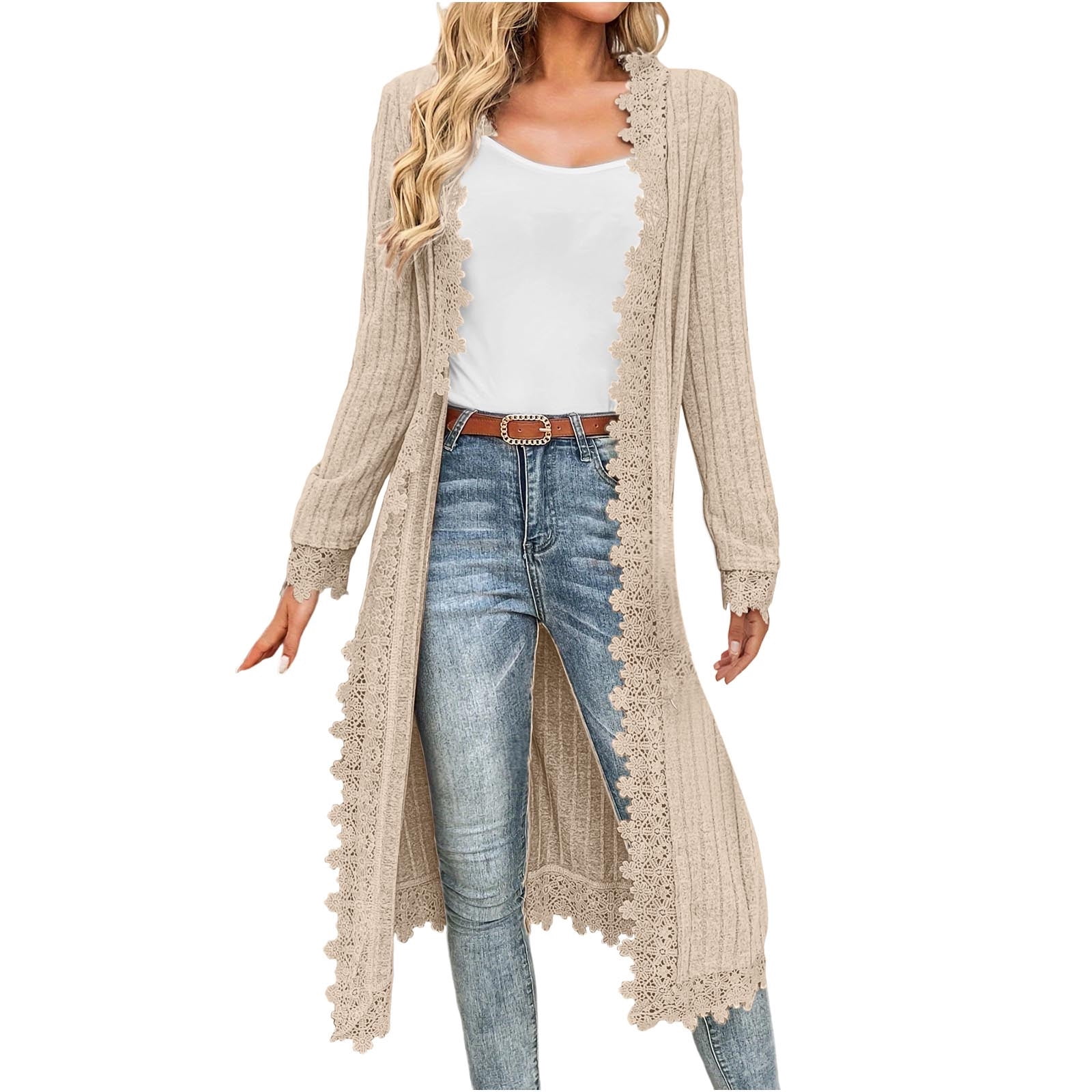 VSSSJ Women's Open Front Long Cardigans Lace Trim Ribbed Knit Long ...