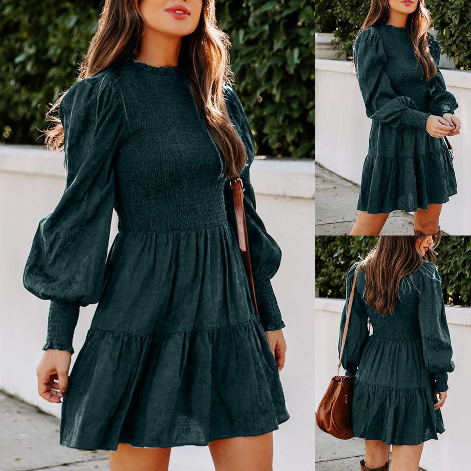 VSSSJ Women's Puff Long Sleeve Smocked Tiered Mini Tunic Dresses Ruffle ...