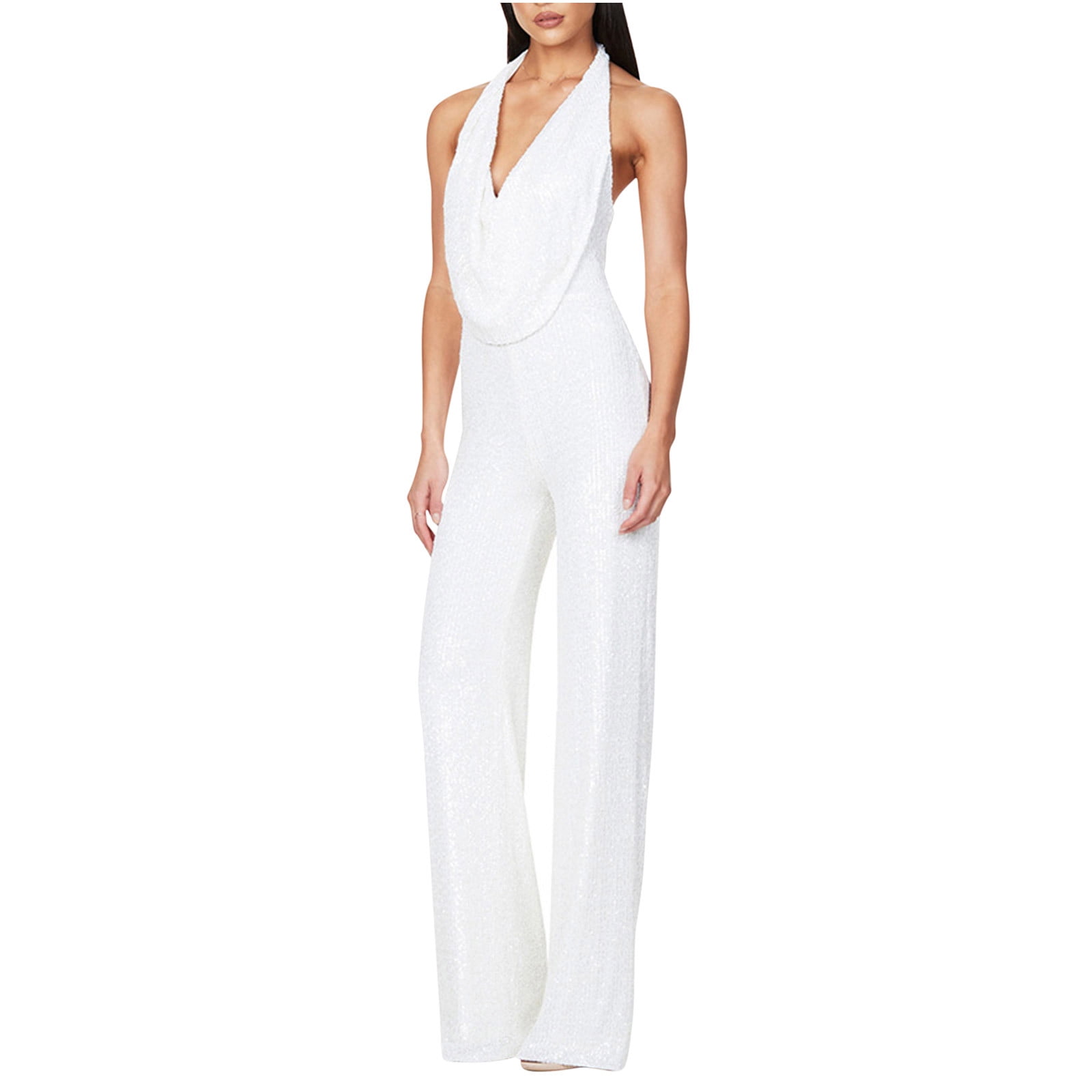 VSSSJ Women's Sequin Jumpsuits Regular Fit Solid Color Halter Neck ...