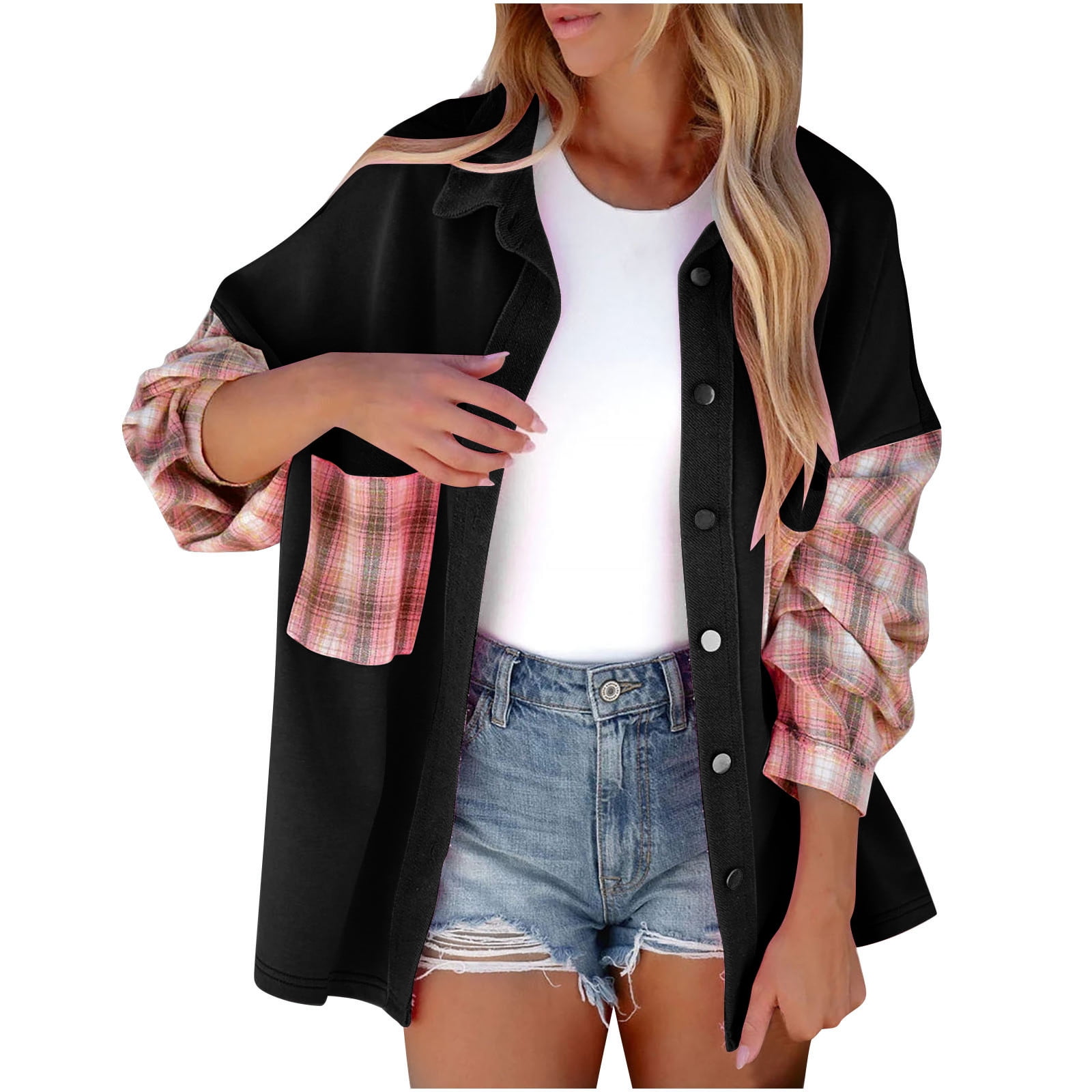 VSSSJ Women's Shacket Jacket 2023 Trendy Plaid Patchwork Long Sleeve ...