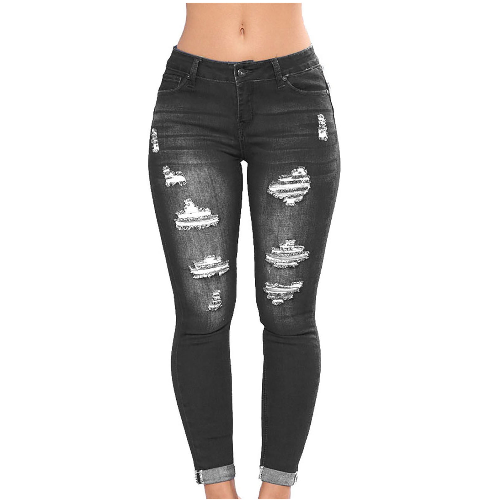 VSSSJ Women's Tight Denim Pants Regular Fit Ripped Button Zipper ...