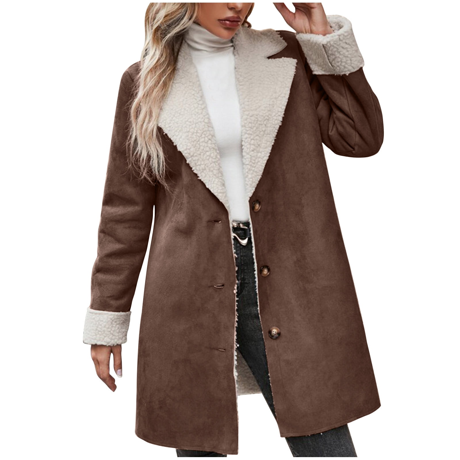 VSSSJ Women's Vintage Solid Color Faux Suede Trench Coat Plush Fleece ...