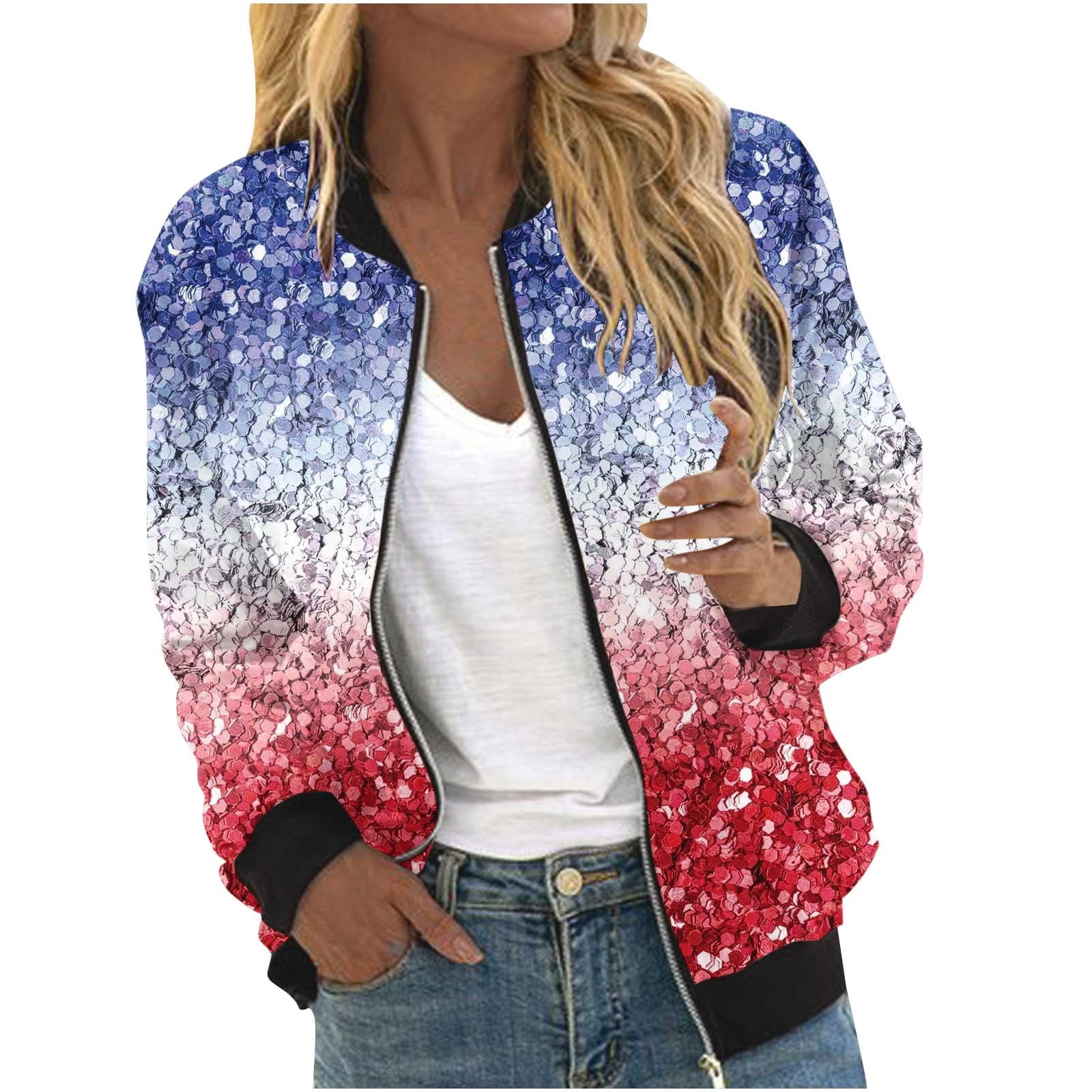 VSSSJ Women's Zip Up Coat Jackets American Flag Print Bomber Jackets ...