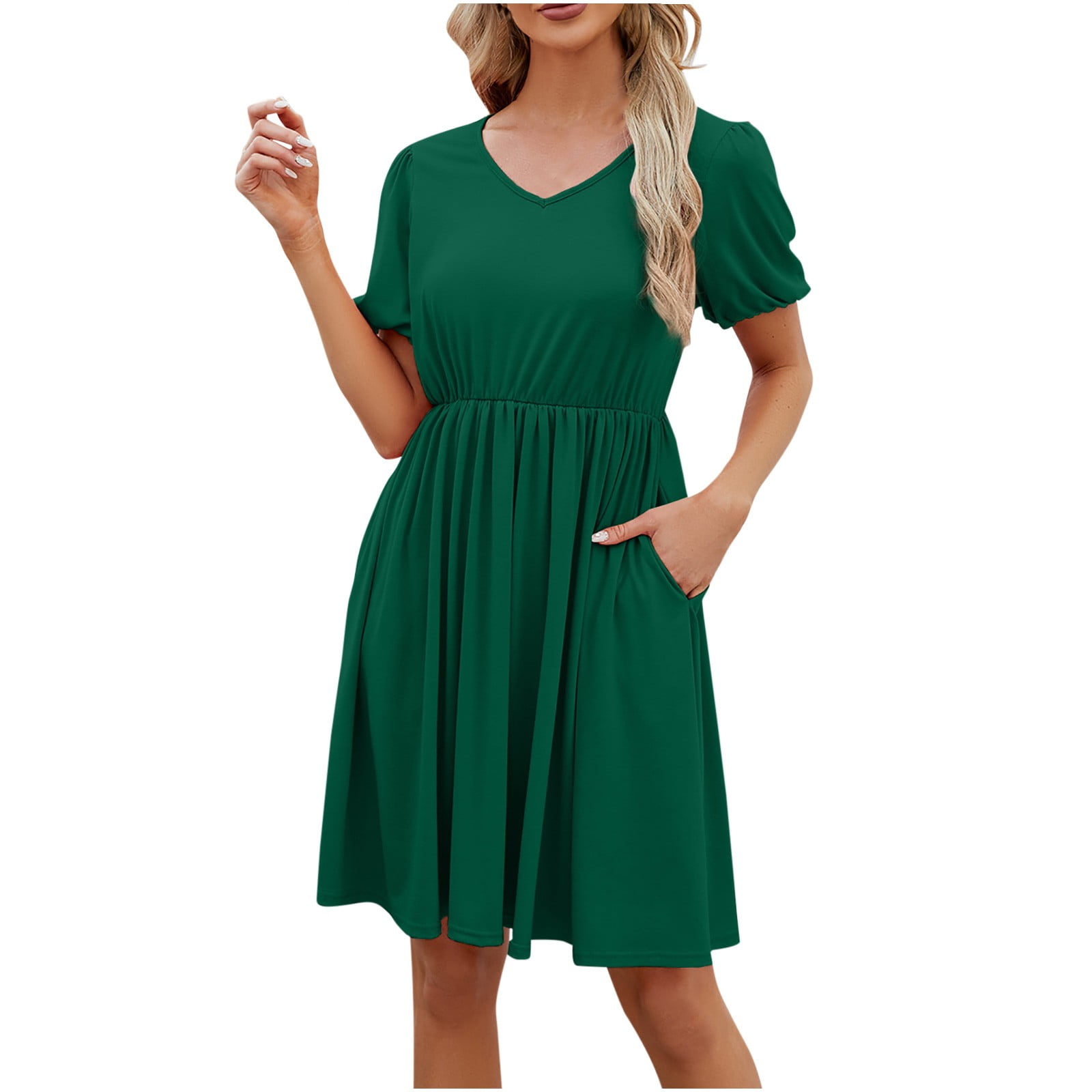 Vsssj Womens Short Sleeve Casual Dresses Solid Color V Neck Flowy Tunic