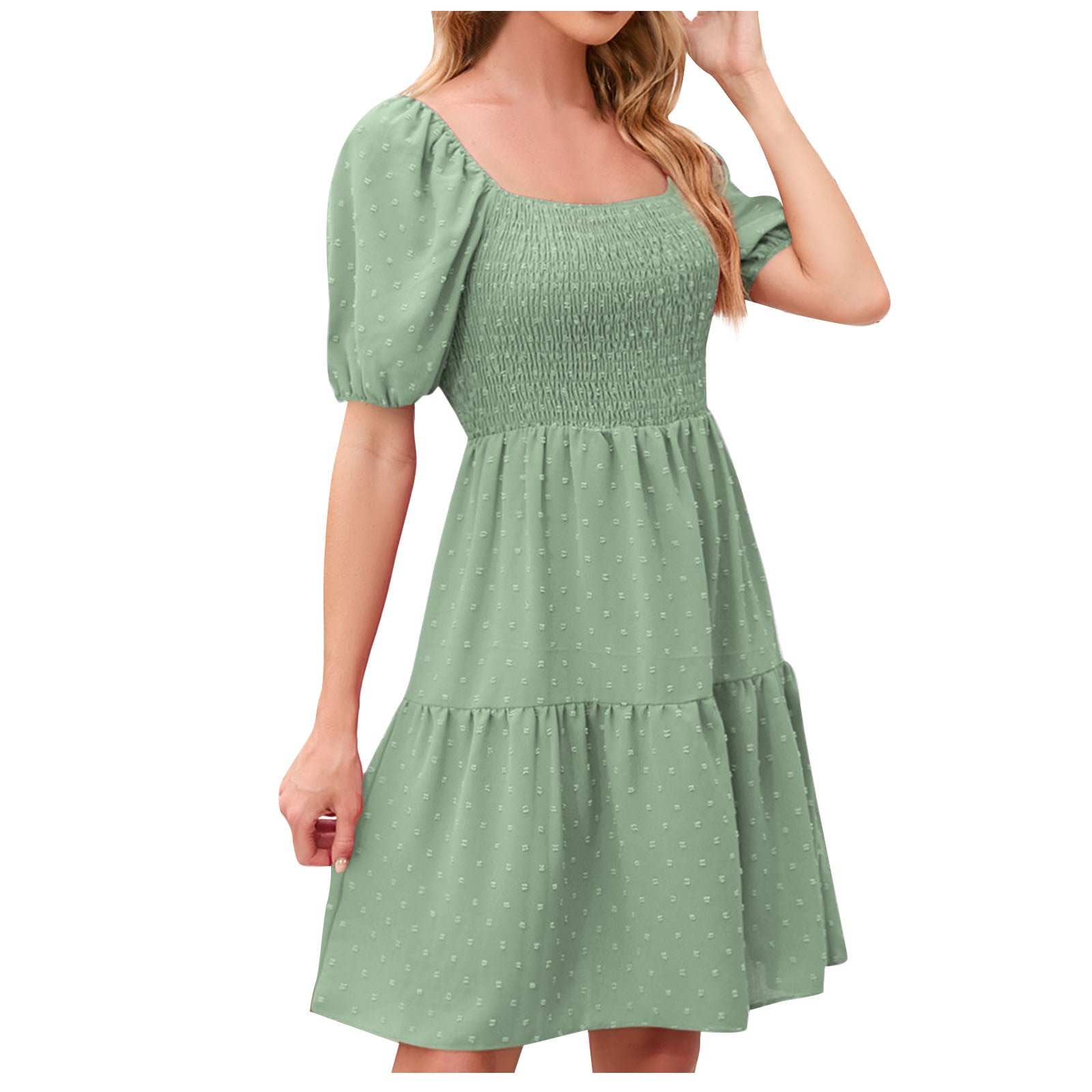 VSSSJ Womens Smocked Square Neck Tiered Ruffle Mini Dresses Puff Short ...