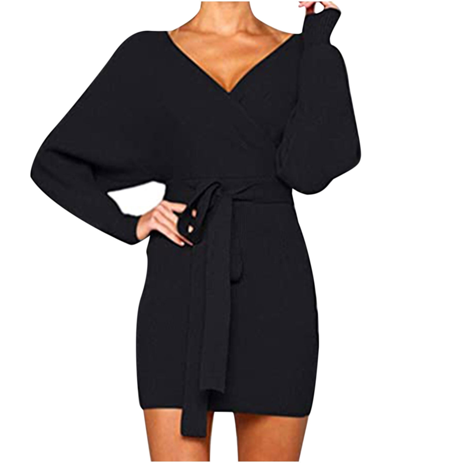 VSSSJ Womens V Neck Wrap Ribbed Knitted Dresses Fall Winter Solid Color ...