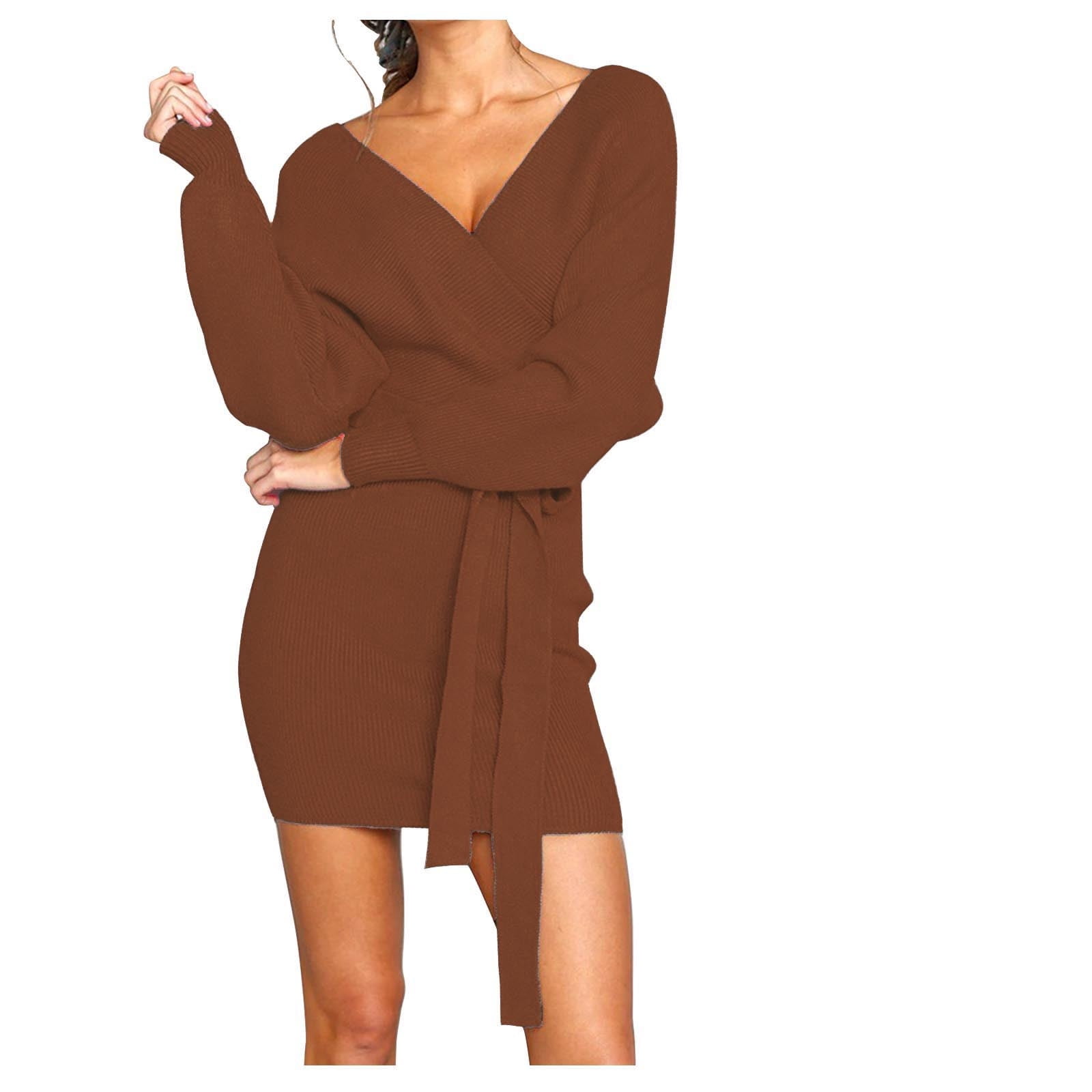 VSSSJ Womens V Neck Wrap Ribbed Knitted Dresses Fall Winter Solid Color ...